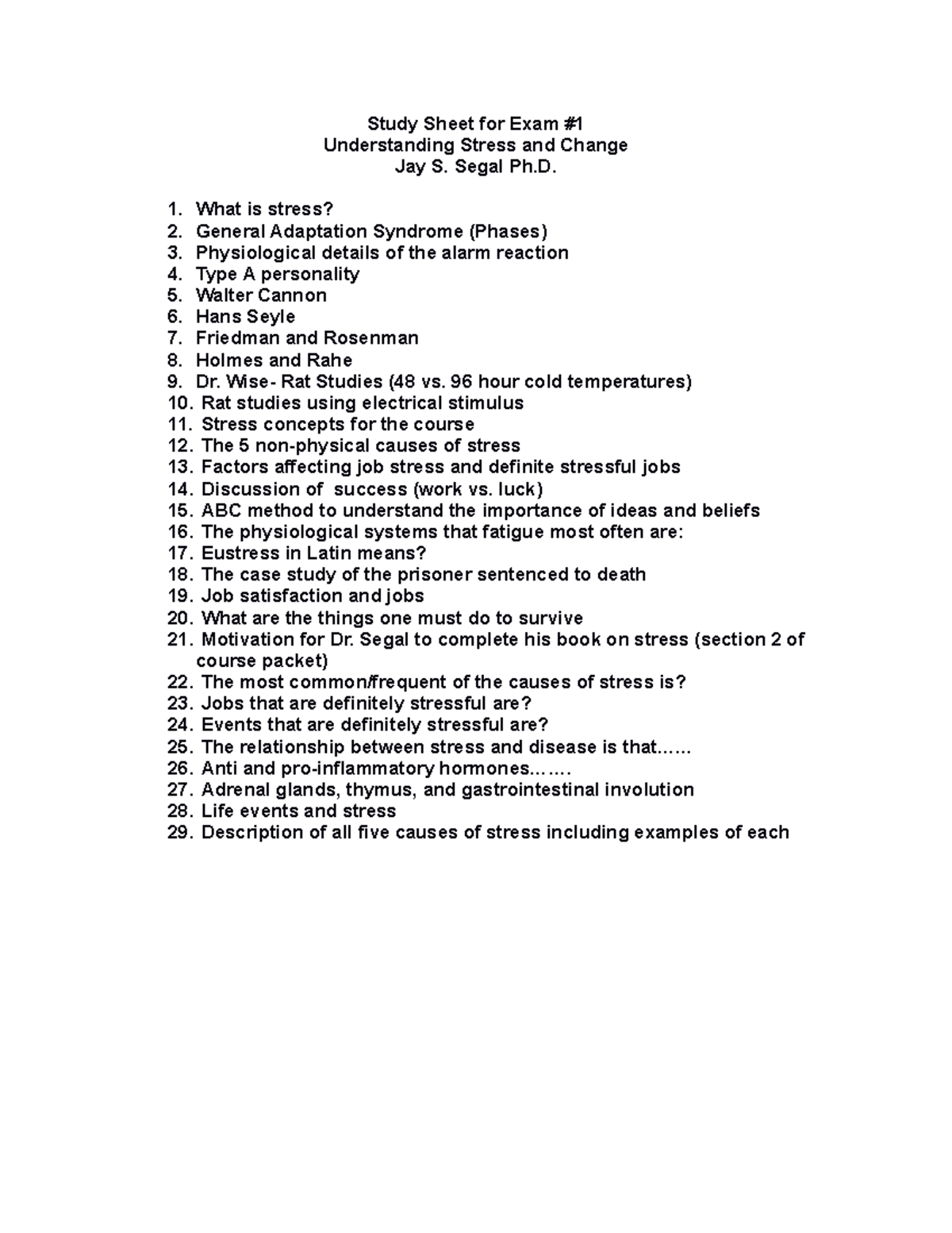 Study Sheet For Exam 1 For Online Stress Course Study Sheet For Exam