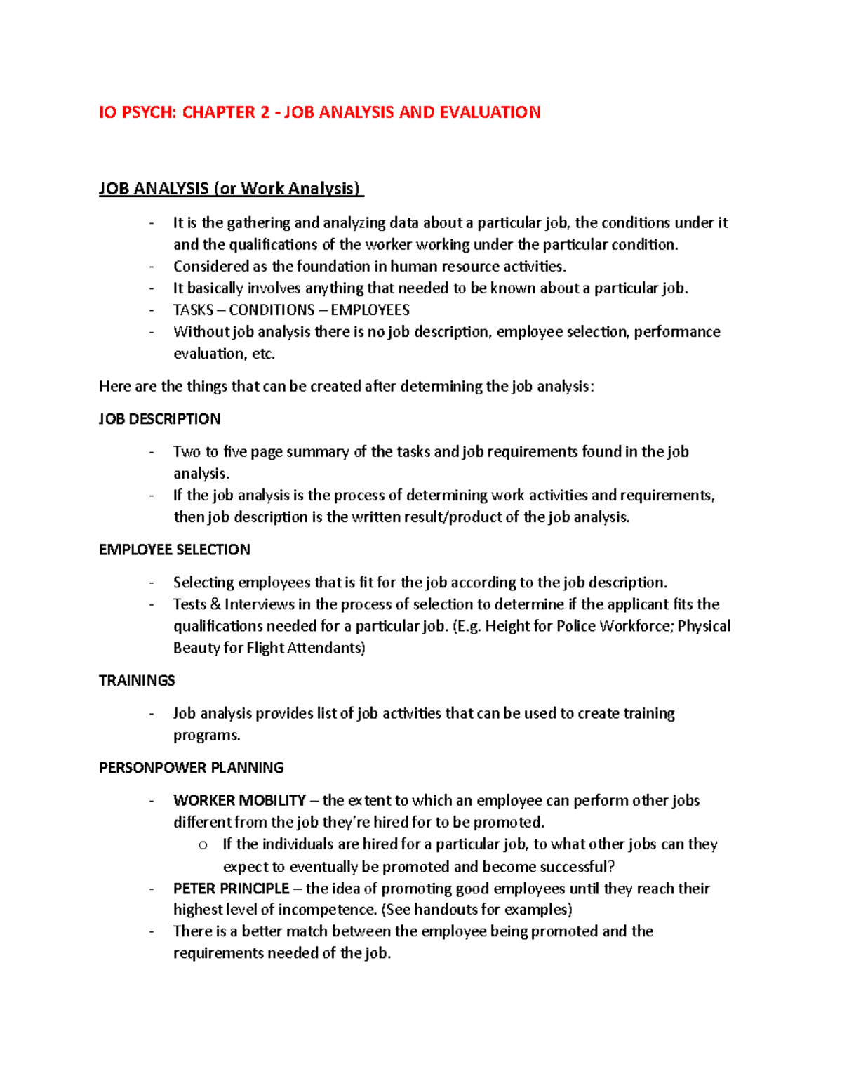 IO Psych by Aamodt - Chapter 2 (INC) - IO PSYCH: CHAPTER 2 - JOB ANALYSIS AND EVALUATION JOB ...