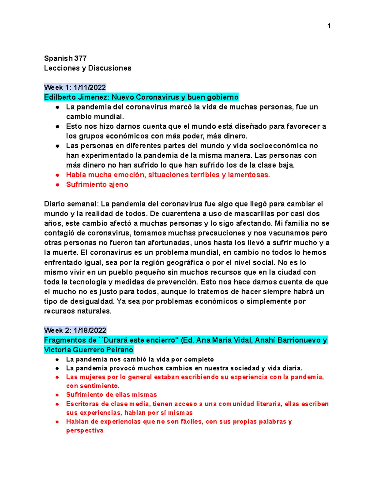 SPAN 377- Lecciones y Discusiones - Spanish 377 Lecciones y Discusiones Week 1: 1/11/ Edilberto ...