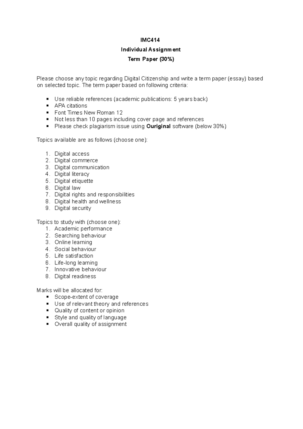 IMC414.docx full - IMC414 - IMC Individual Assignment Term Paper (30% ...