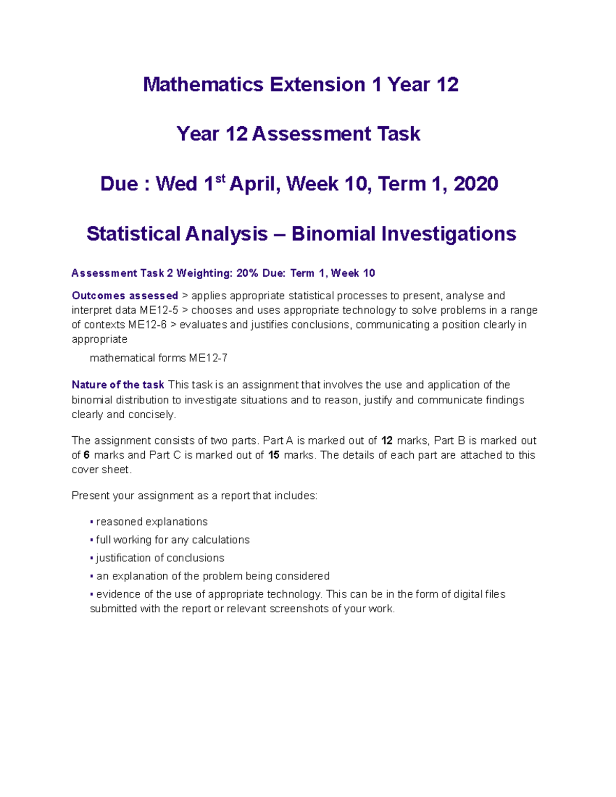 Year12 Extension 1 Assignment 2020 Final - Mathematics Extension 1 Year ...