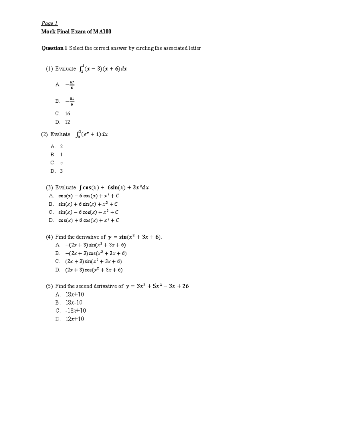 Mock Final Exam MA100-2022-Post Final Exam Mock Practice Quiz Test ...