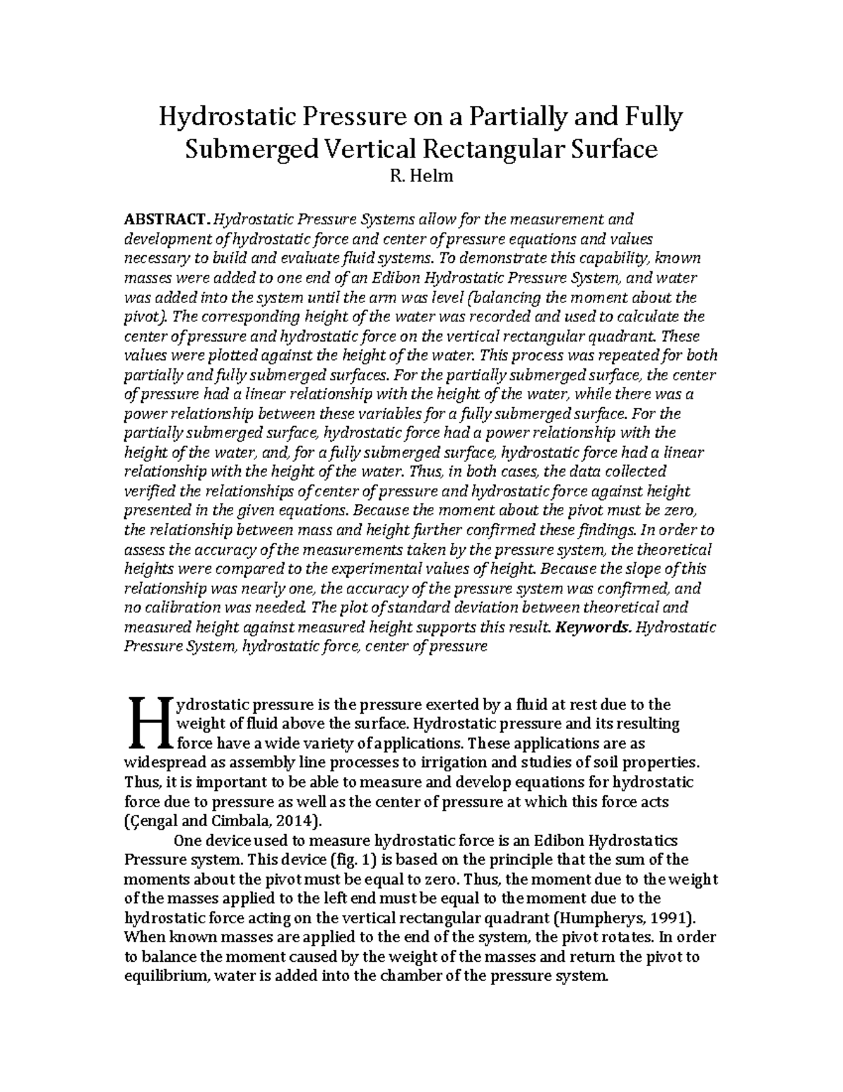 Hydrostatic pressure lab - Hydrostatic Pressure on a Partially and ...