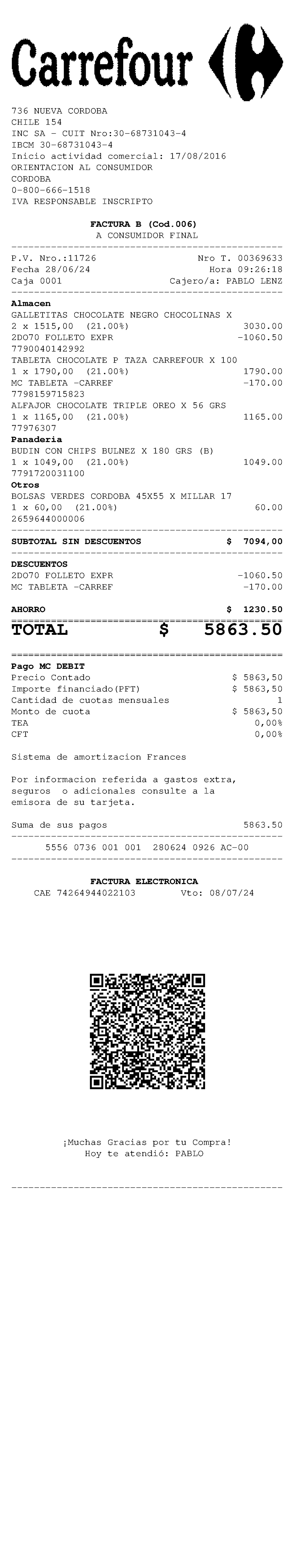Receipt 1719566781000 - 736 NUEVA CORDOBA CHILE 154 INC SA - CUIT Nro ...