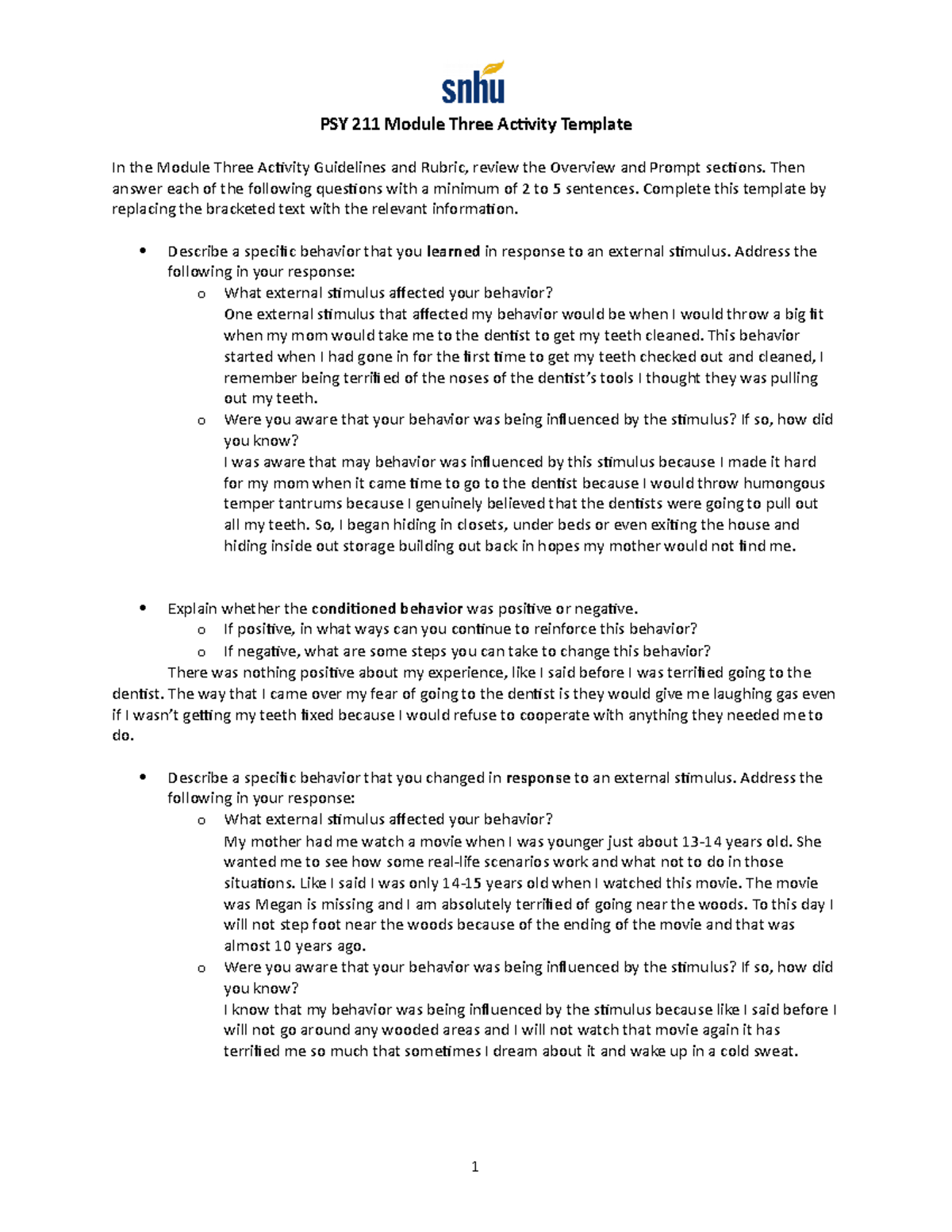 PSY 211 Module Three Activity Template - Then answer each of the ...