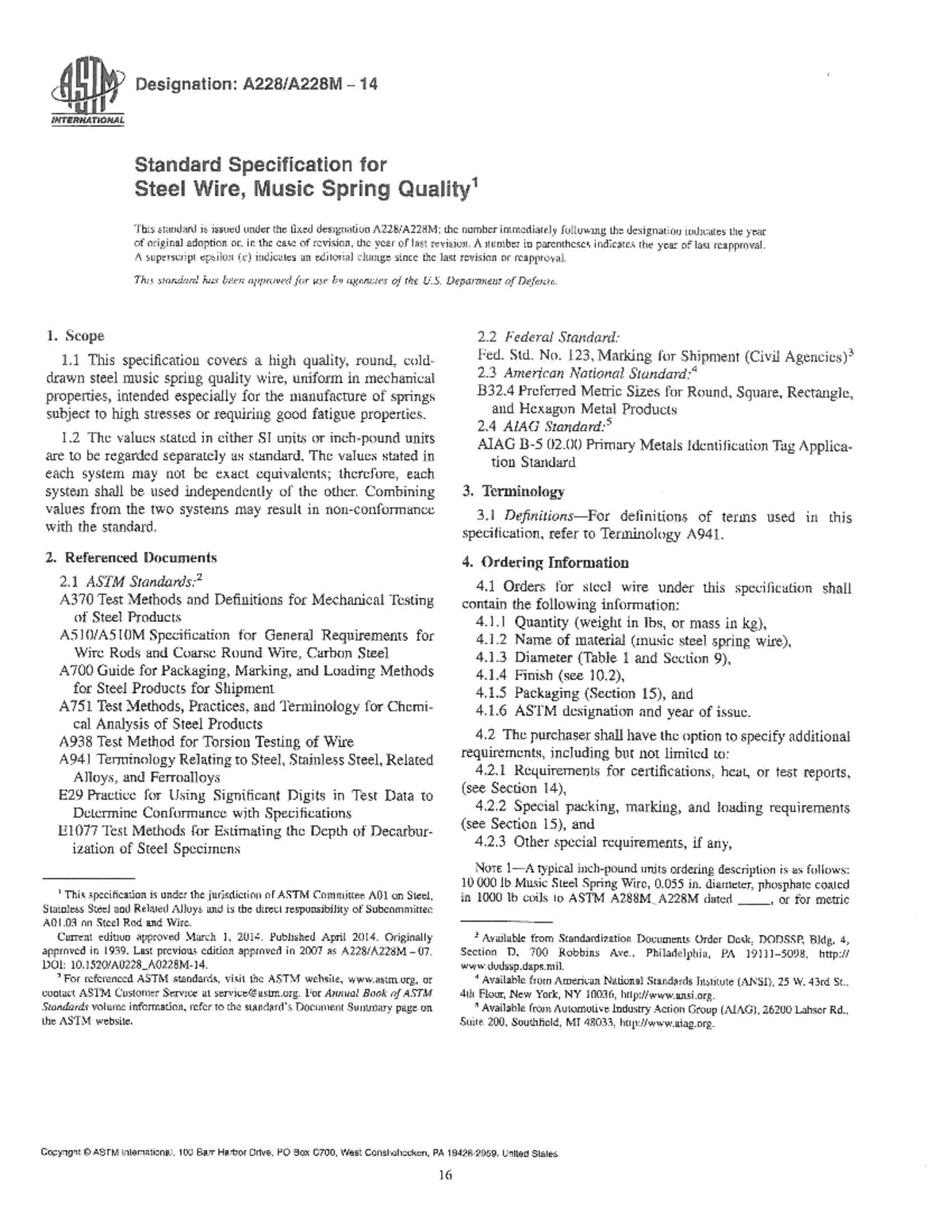ASTM A228 (2014 ) - Standard Specification FOR Steel WIRE Music Spring ...