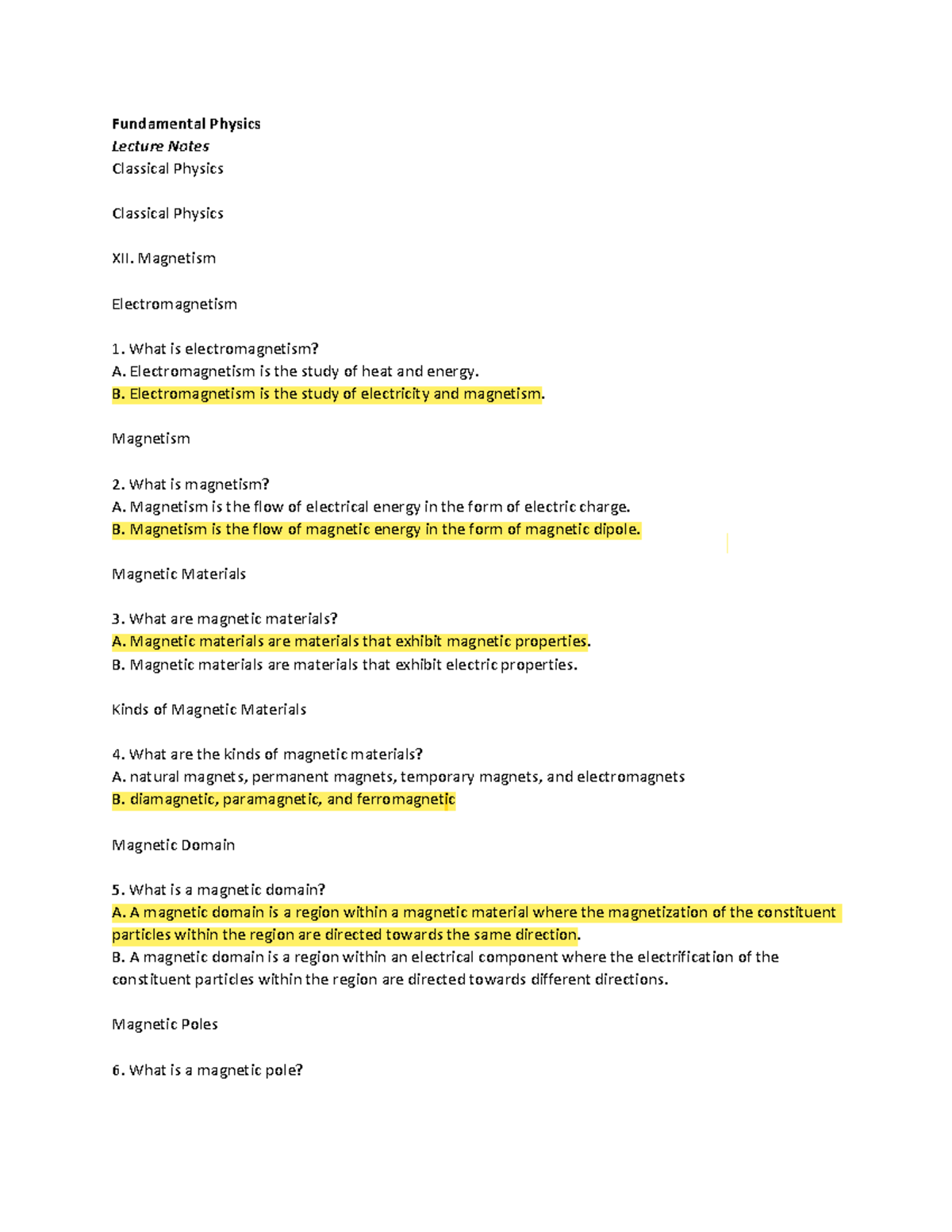 (with key) Magnetism - Fundamental Physics Lecture Notes Classical ...