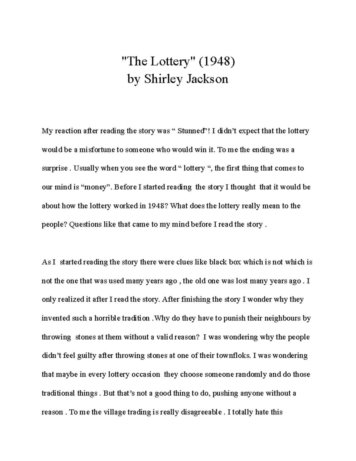 The Lottery (1948) - good - "The Lottery" (1948) by Shirley Jackson My ...