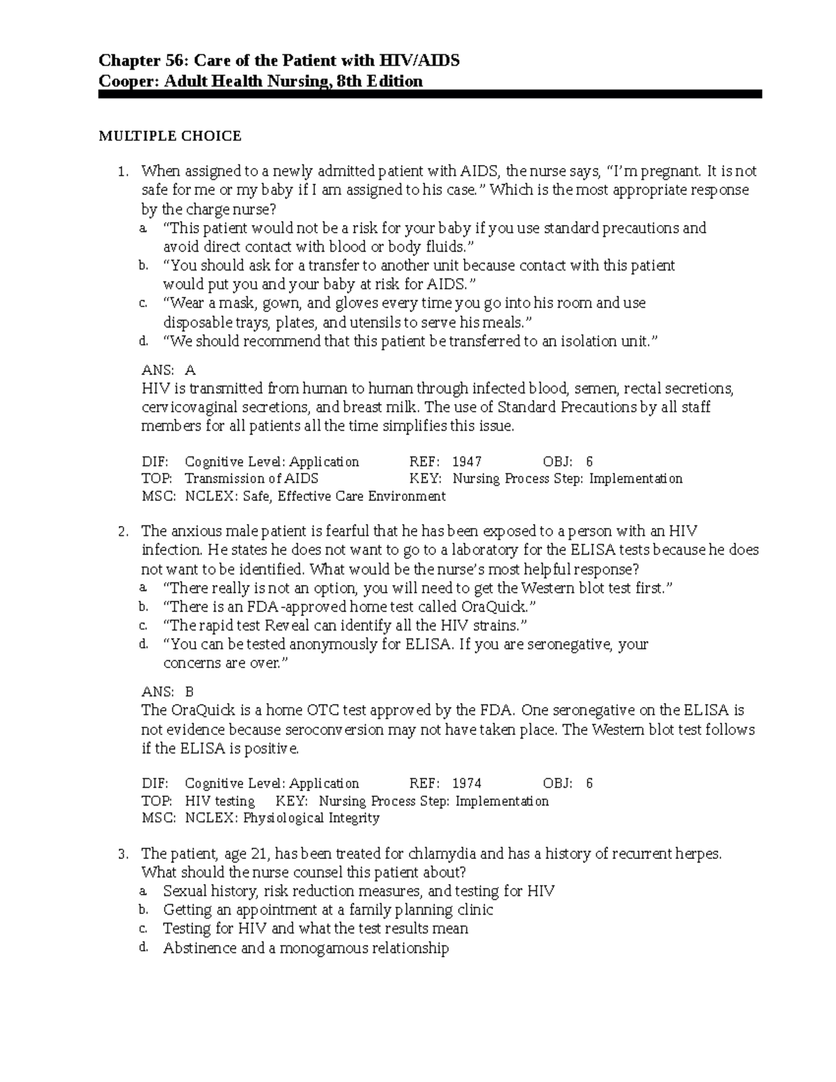 Chapter 56 - Study - Chapter 56: Care of the Patient with HIV/AIDS ...