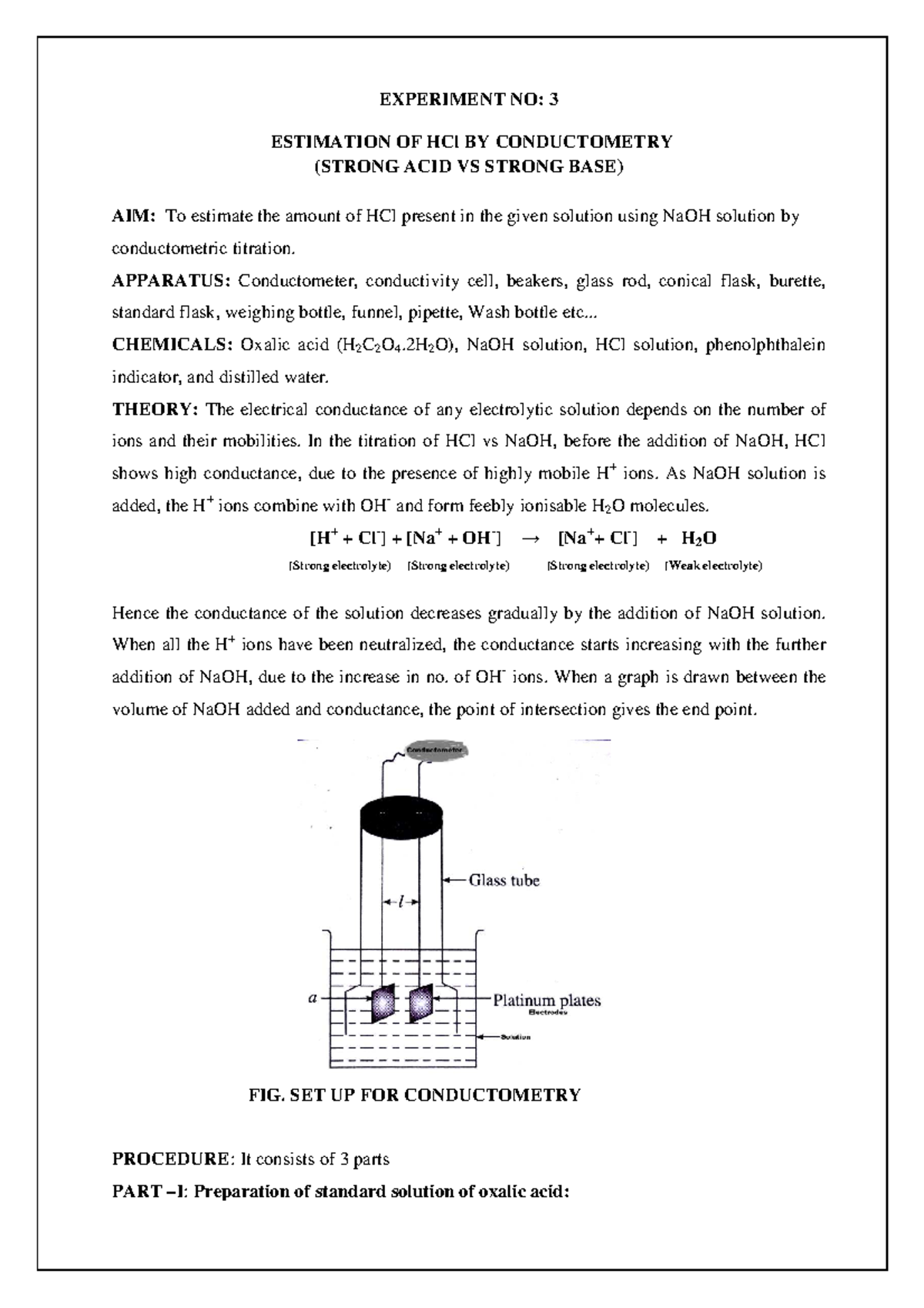 Experiment-3-Conductometry HCl - ESTIMATION OF HC (STRONG ACID VS STRO ...