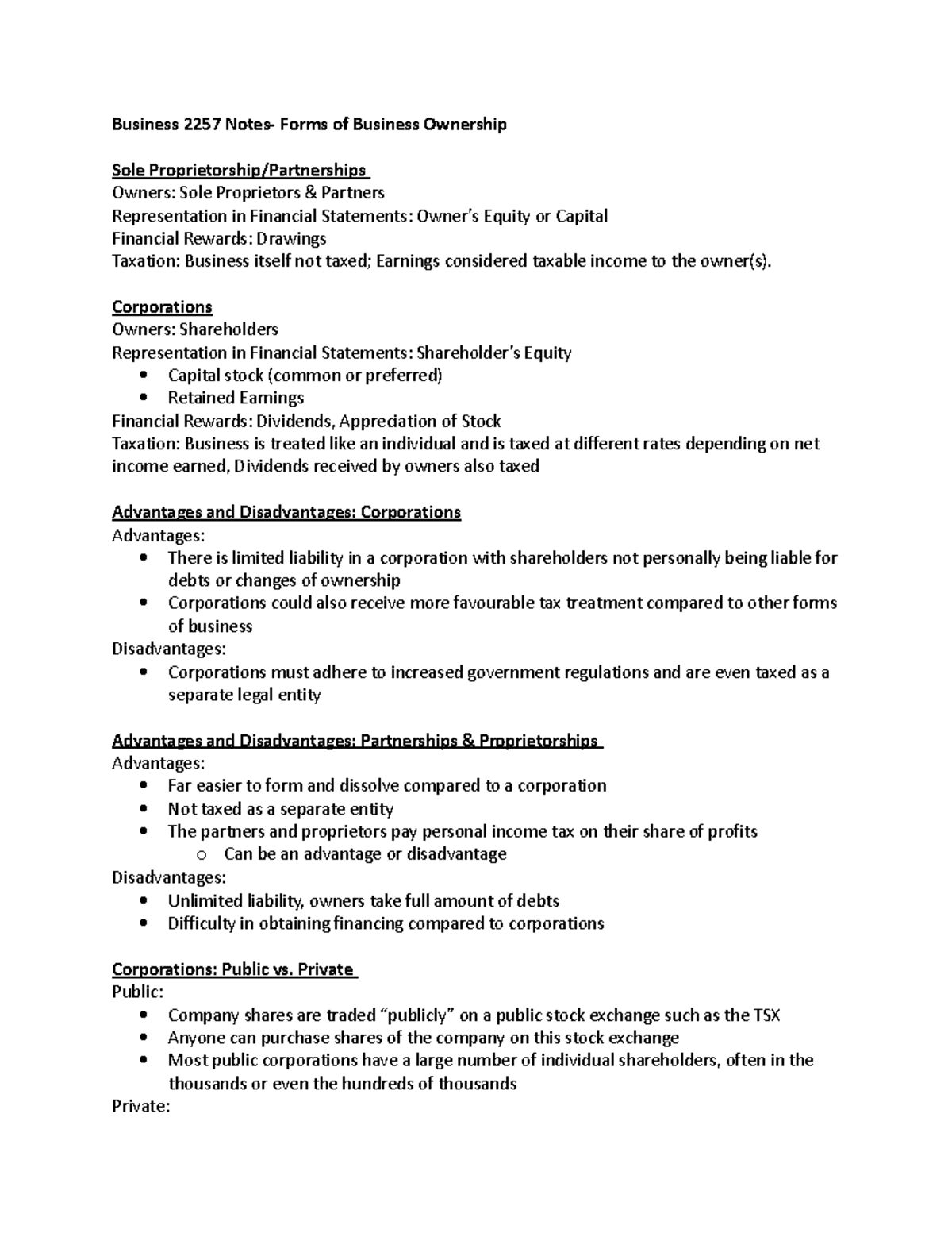 Business 2257 Notes - Business 2257 Notes- Forms of Business Ownership ...