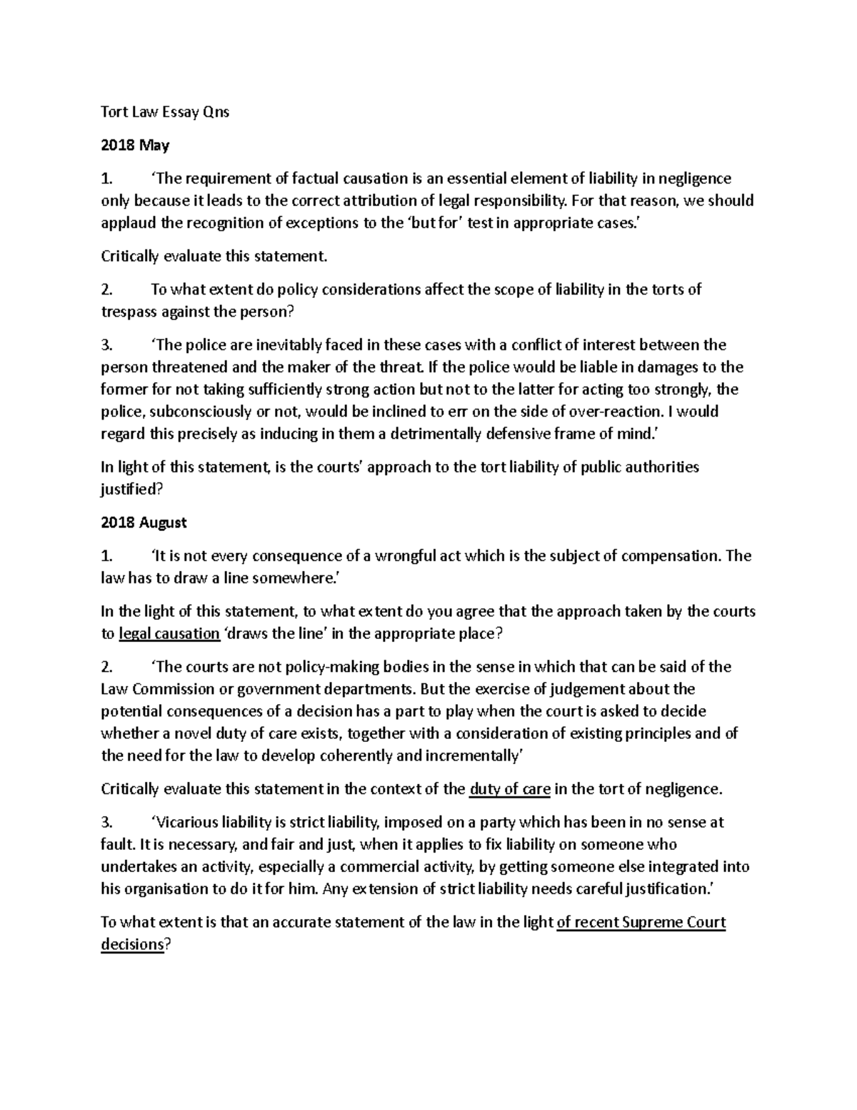 Tort Essay Questions - Tort Law Essay Qns 2018 May 1. ‘The requirement ...