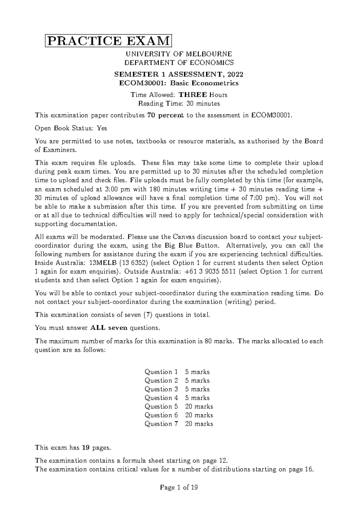 Prac ECOM30001 final - practice exam - PRACTICE EXAM UNIVERSITY OF ...