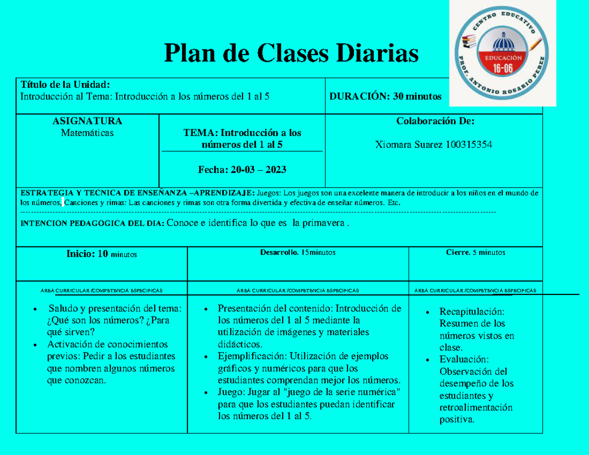 PLAN Clase Diario Matematica Xiomara Suarez - Plan de Clases Diarias Título de la Unidad: - Studocu