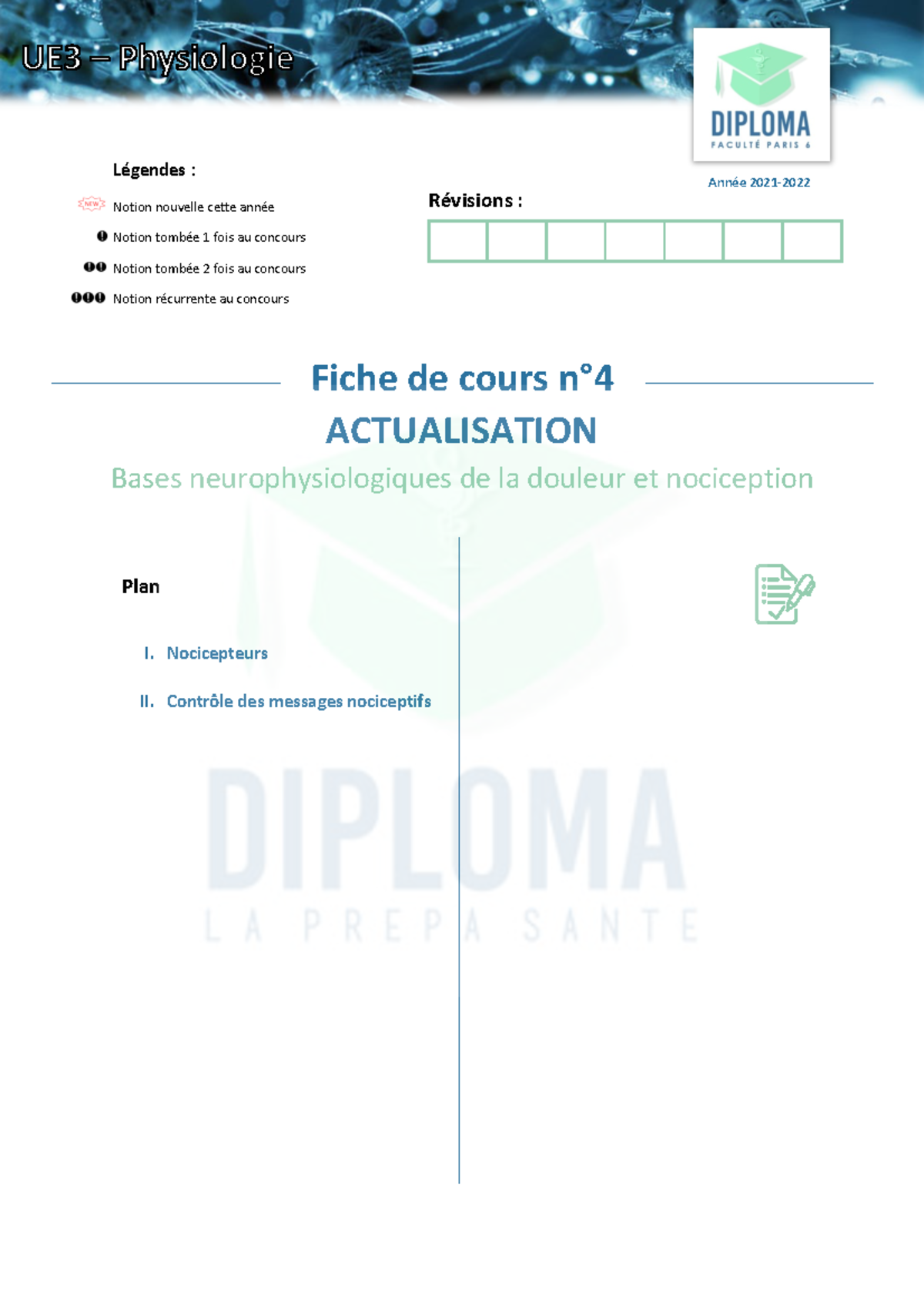 Fiche 4 - Fiche de cours n° ACTUALISATION Bases neurophysiologiques de la douleur et nociception ...