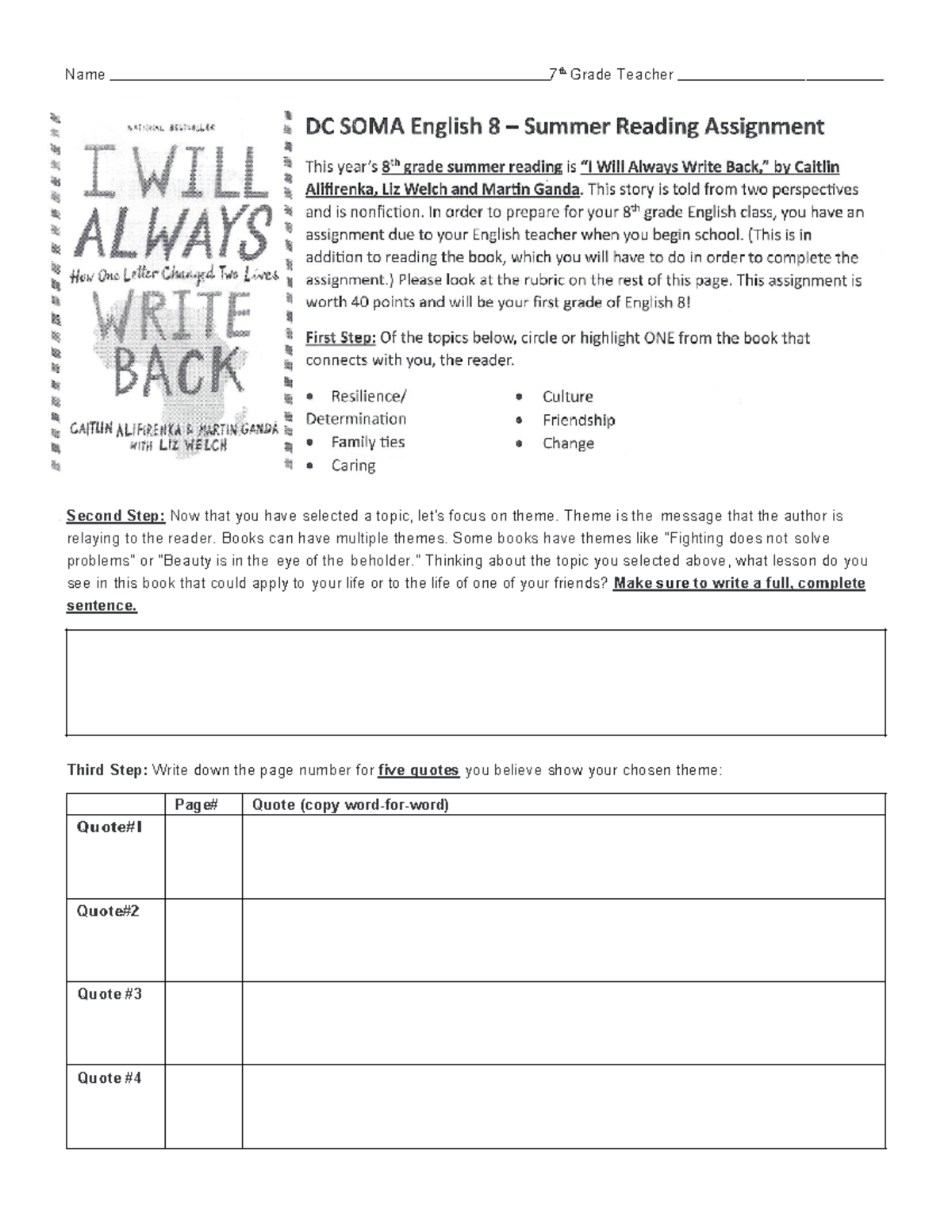 8th grade ela summer work 2 - Name 7 th Grade Teacher . Second Step ...