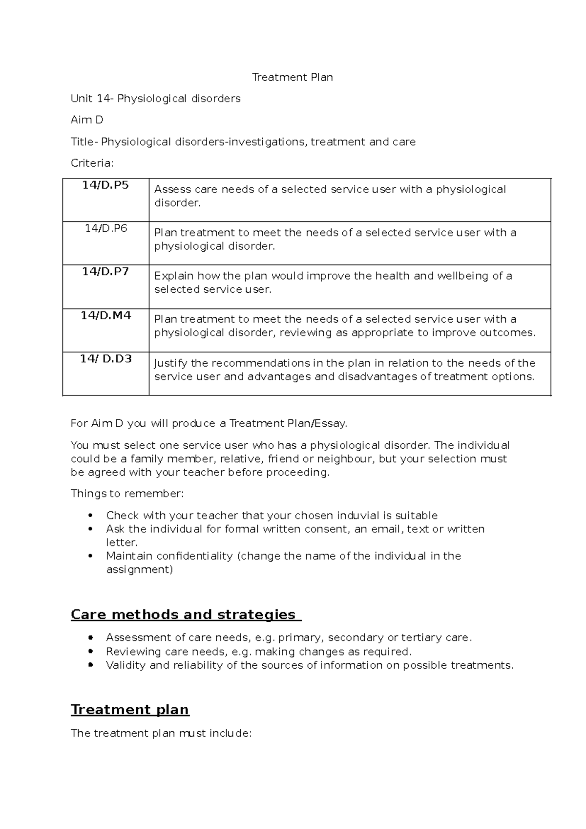 Assignment checklist Unit 14 Aim D - Treatment Plan Unit 14 ...