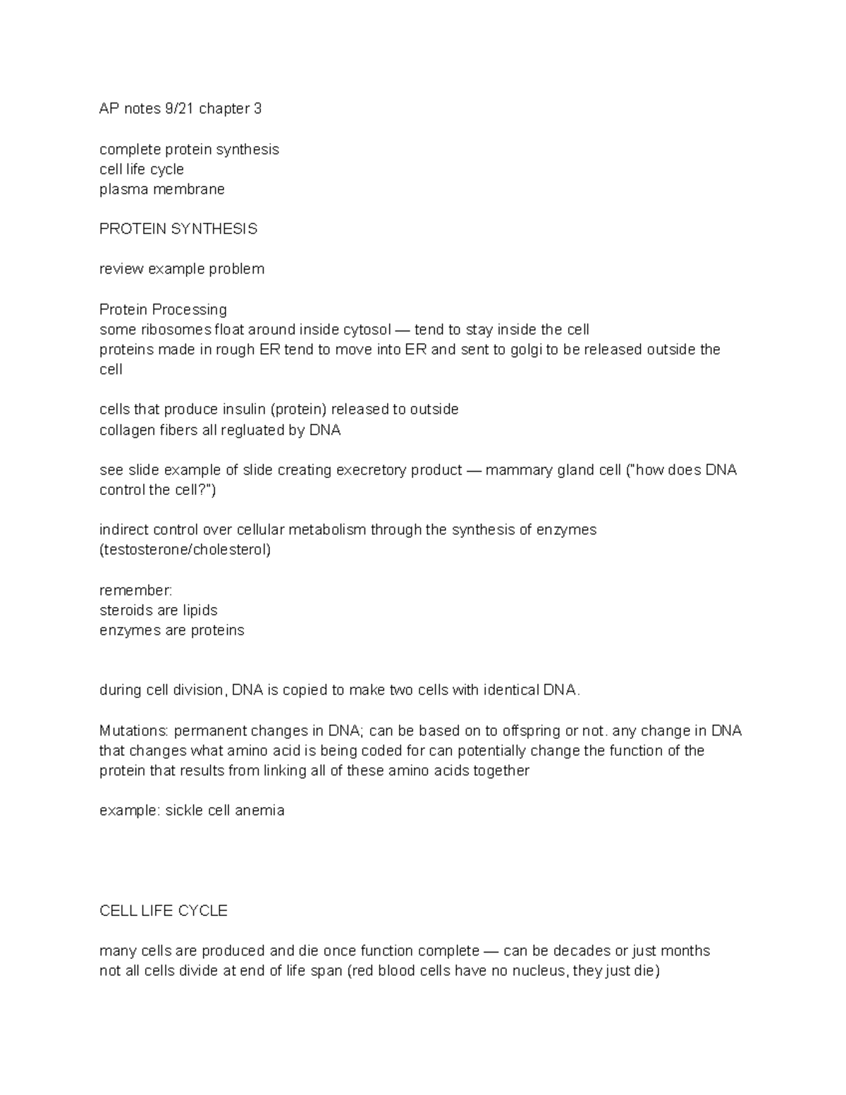 AP notes 9 21 chapter 3 - AP notes 9/21 chapter 3 complete protein ...