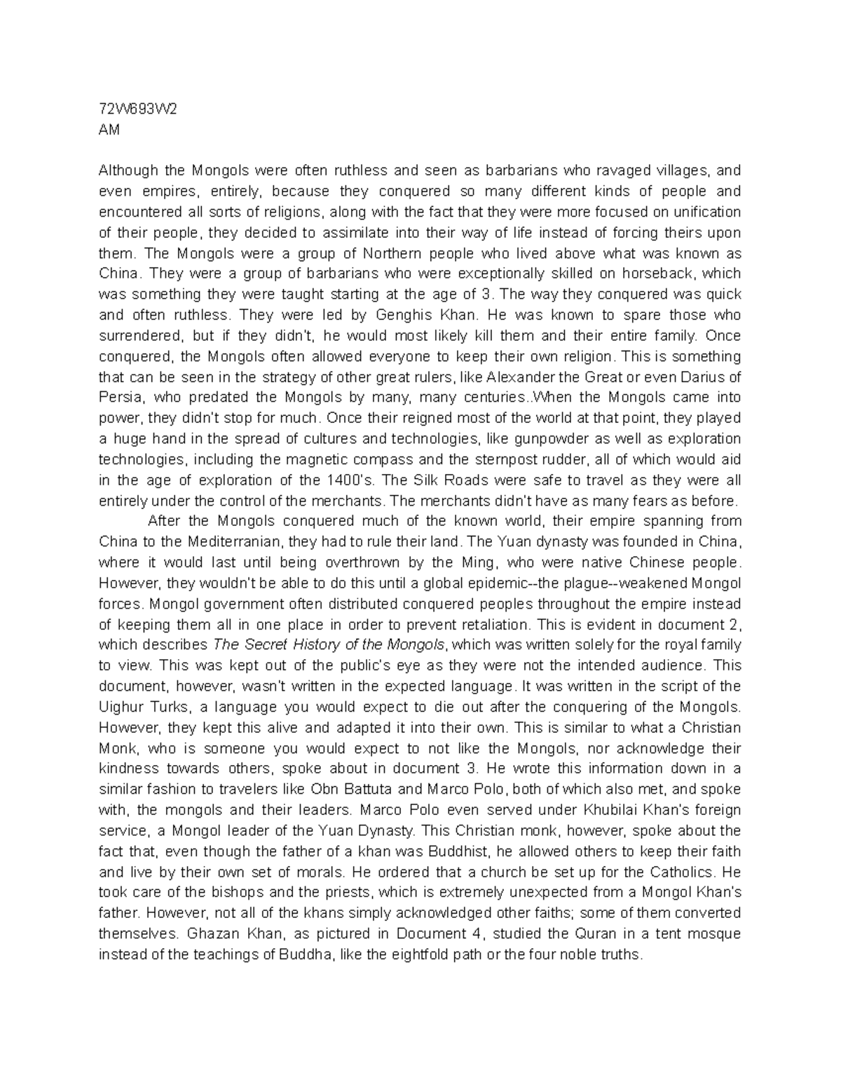 Ap world final dbq - 72W693W AM Although the Mongols were often ...