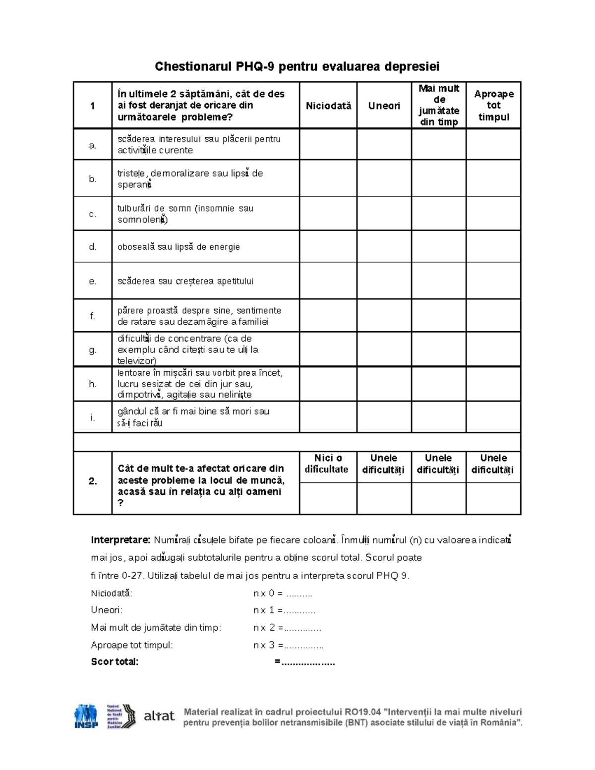 A.AL03 - Chestionarul depresie PHQ9 - Chestionarul PHQ-9 pentru ...