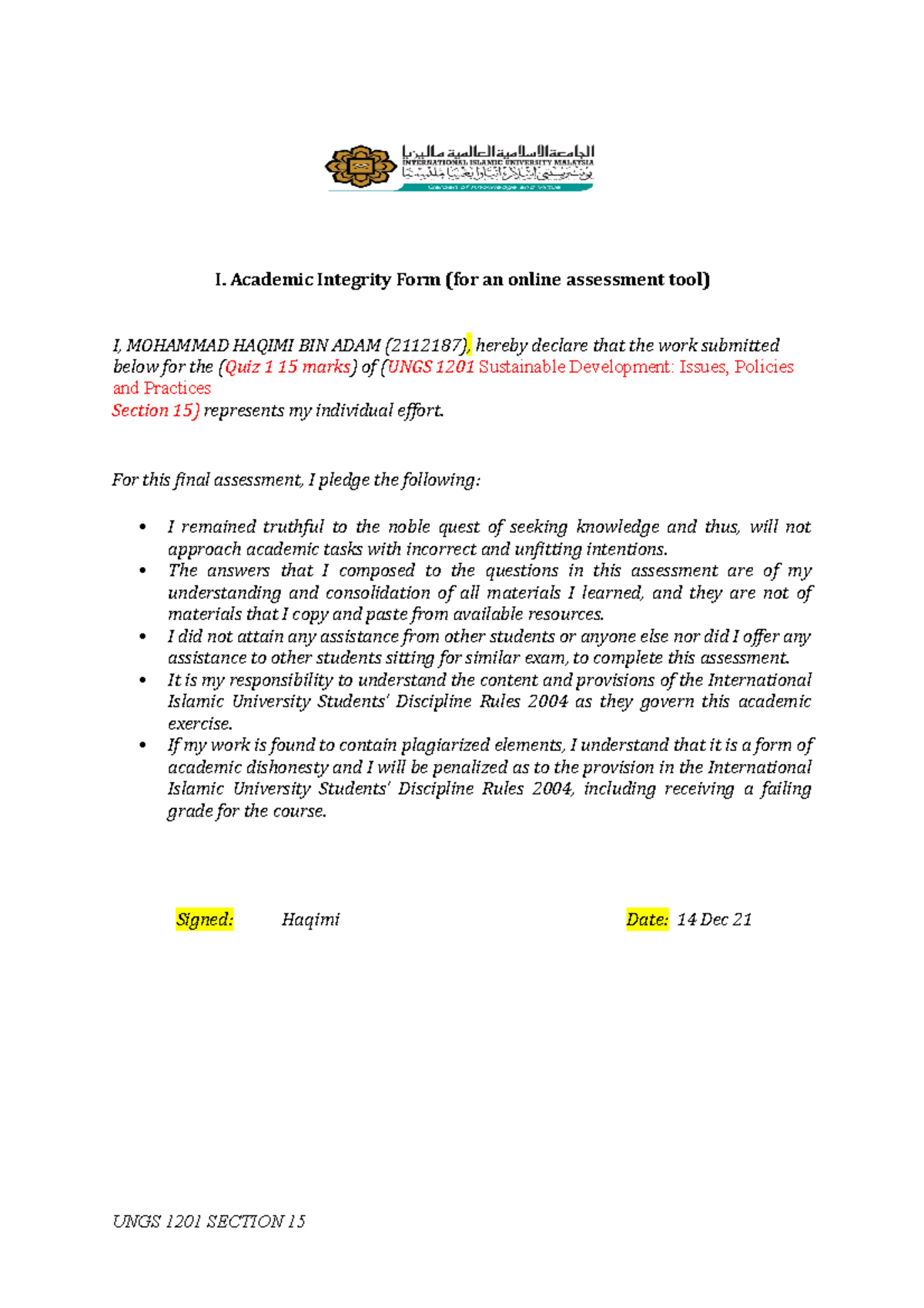 2112187 Quiz 2 Academic Integrity Form - I. Academic Integrity Form ...