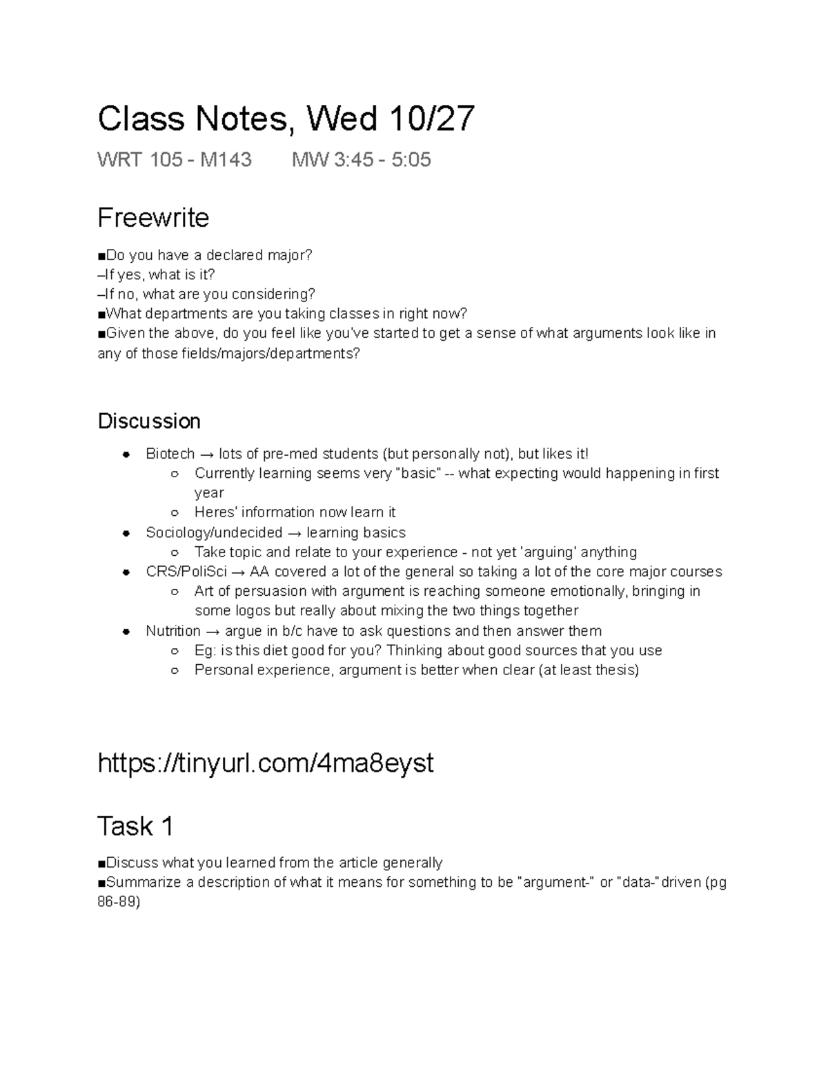 Class Notes, Wed 10 27 - Class Notes, Wed 10/ WRT 105 - M143 MW 3:45 ...