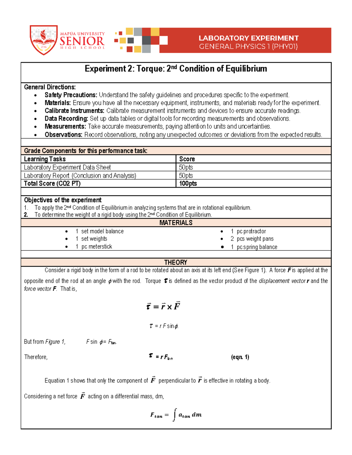 PHY01 CO2 Experiment - Torque - GENERAL PHYSICS 1 (PHY01) Experiment 2: Torque: 2nd Condition of ...