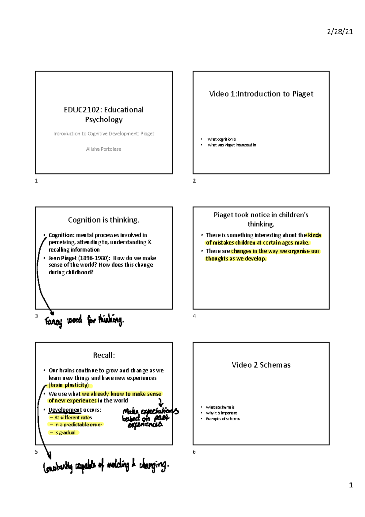 Week 2 Part 1 - Piaget - Lecture notes 2 - EDUC2102: Educational ...