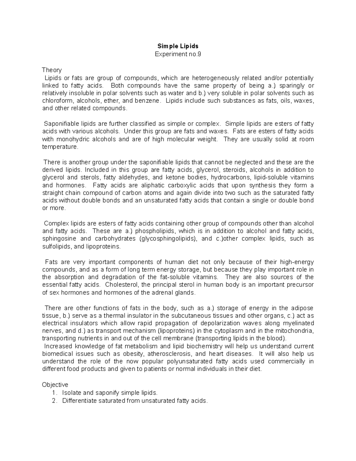 Laboratory 9 Simple Lipids Laboratory Report - Simple Lipids Experiment ...