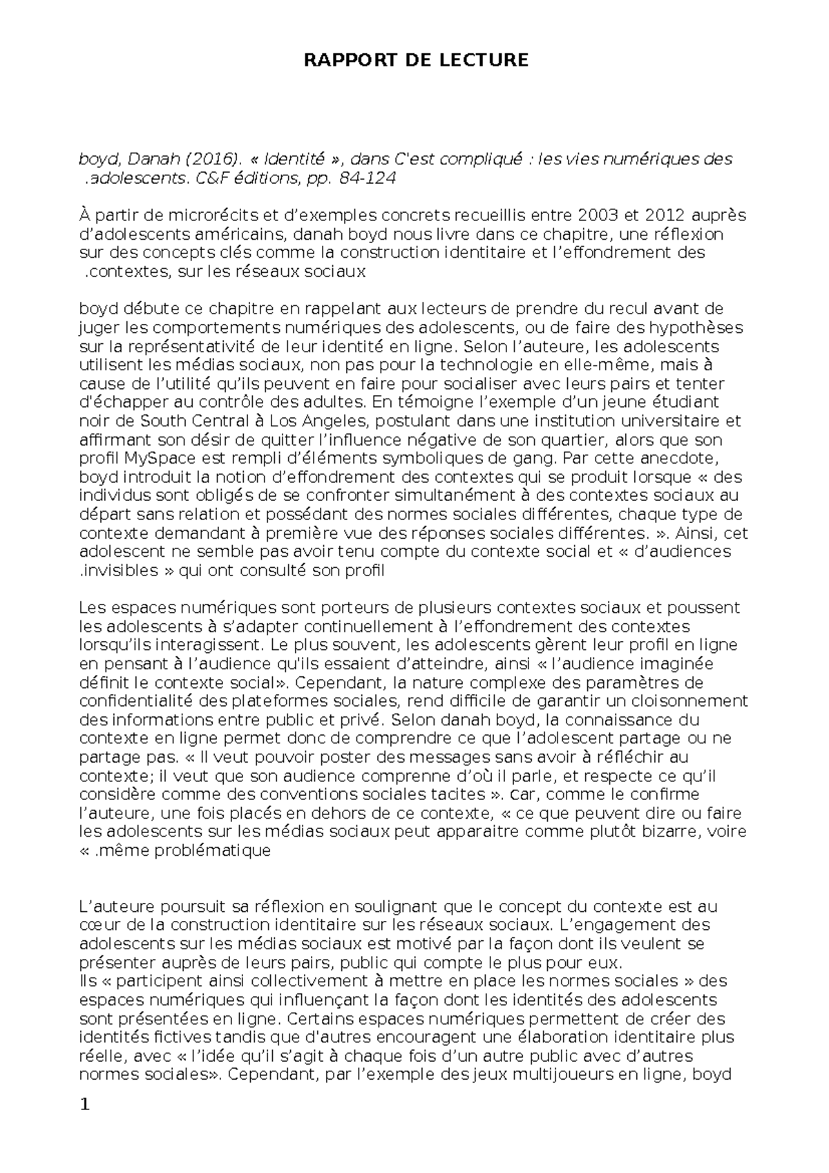 Rapport de lecture - danah boyd - identité - RAPPORT DE LECTURE boyd ...