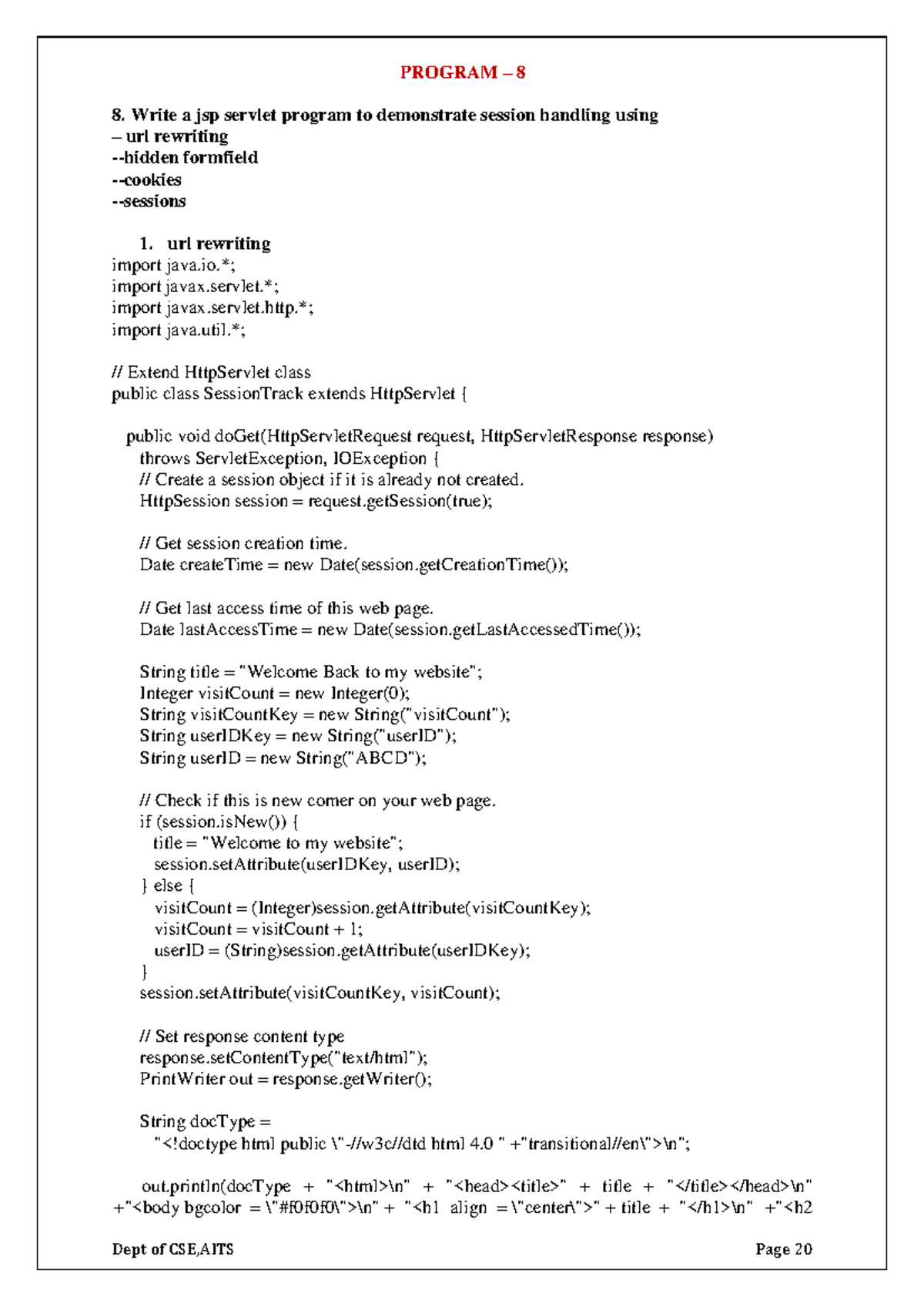 20-22 - Session handling - Dept of CSE,AITS Page 20 PROGRAM – 8 Write a ...