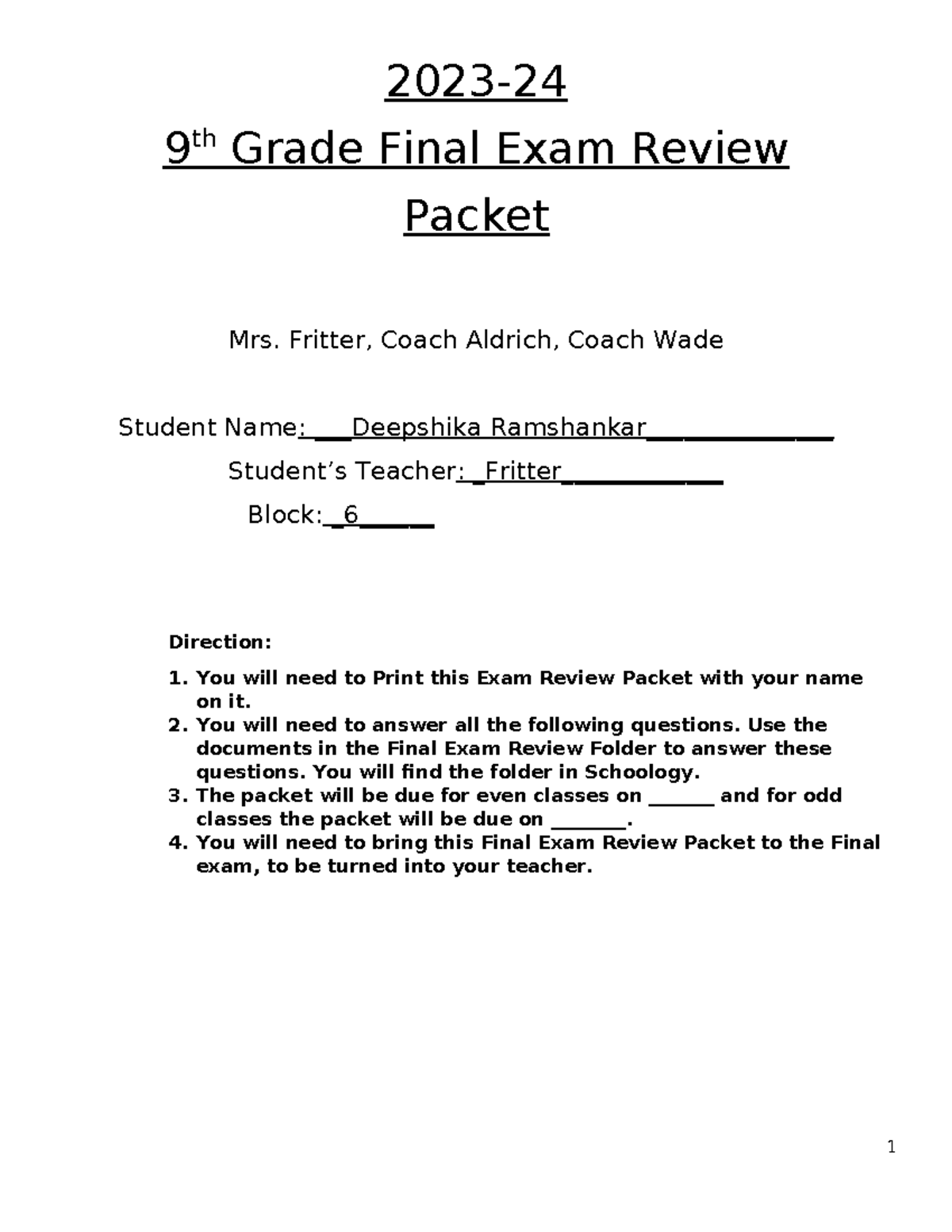 2023-24+9th+Grade+HPE+Final+Exam+Review+Packet - 2023- 9 th Grade Final ...