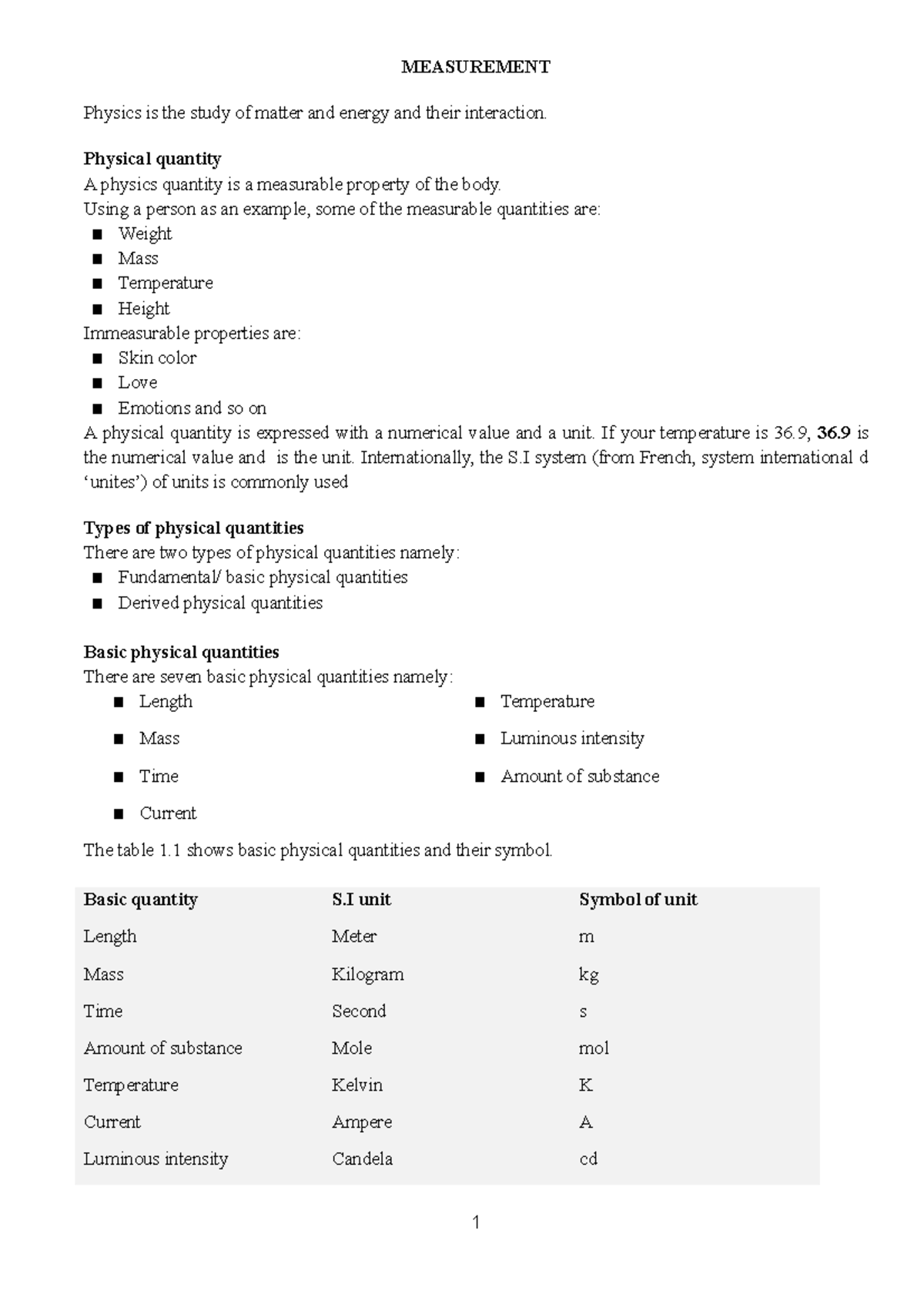 Physics Notes - work hard - MEASUREMENT Physics is the study of matter ...