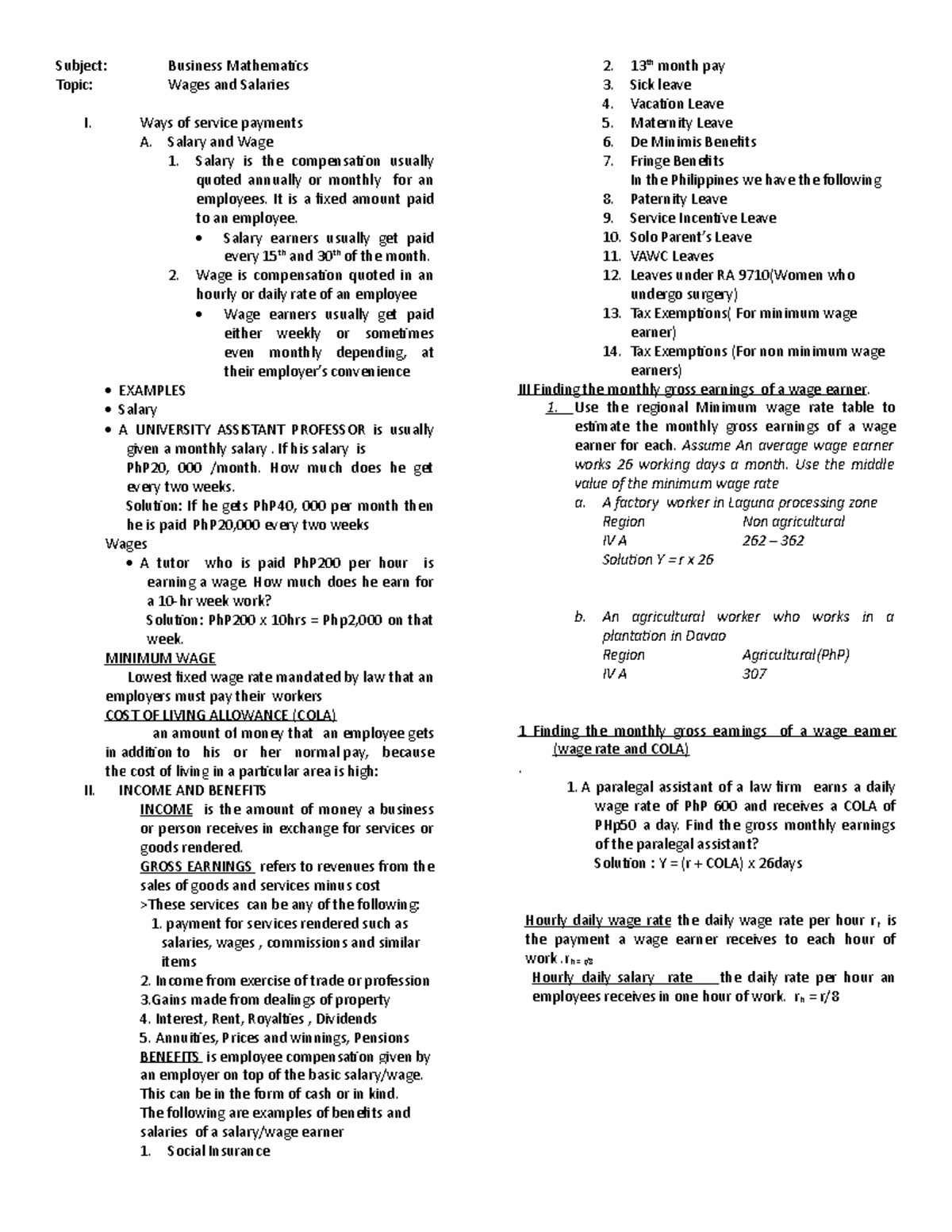 Pdfcoffee - Business - Subject: Business Mathematics Topic: Wages and ...