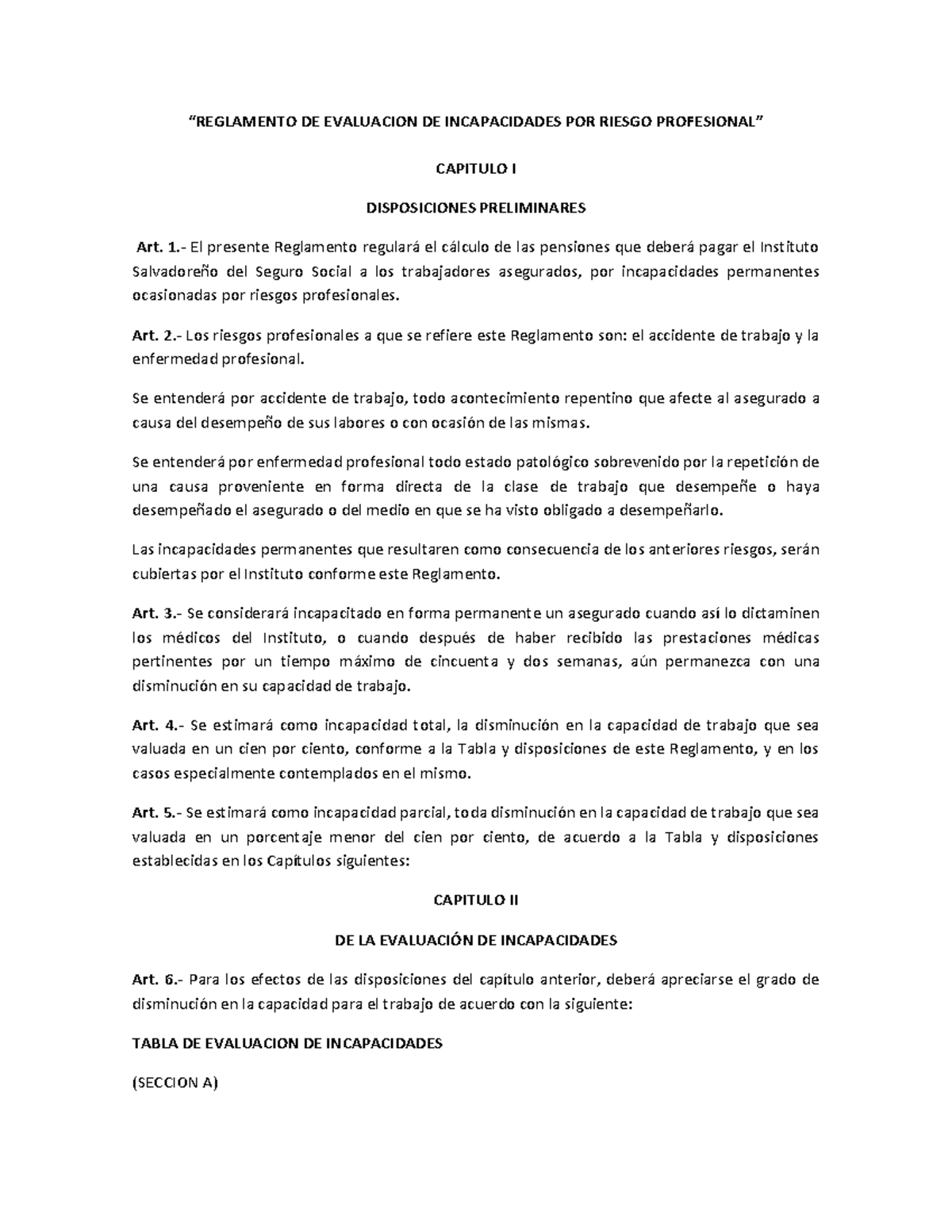 Reglamento DE Evaluacion DE Incapacidades POR Riesgo Profesional