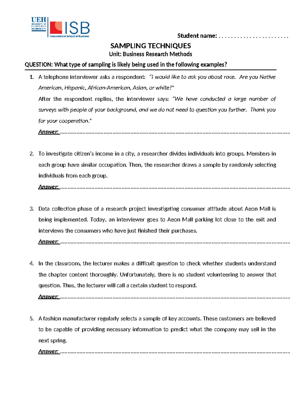 Sampling techniques example - Student name ...