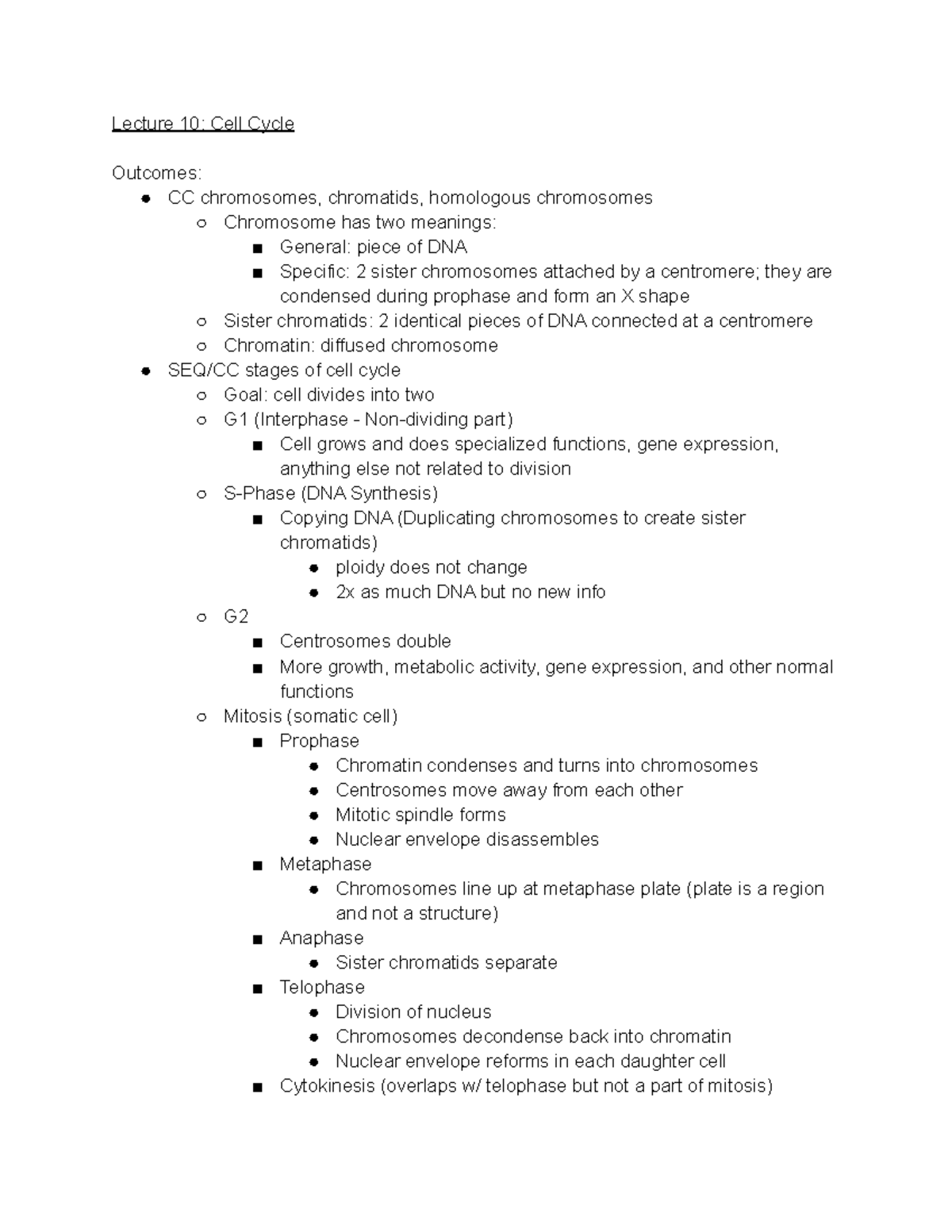 Bio Exam 2 Review - notes - Lecture 10: Cell Cycle Outcomes: CC ...