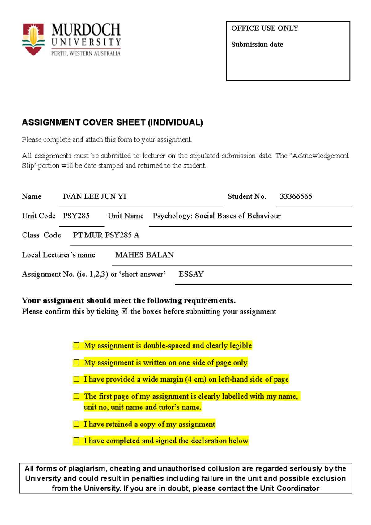 Assignsubmission file PSY285 - ASSIGNMENT COVER SHEET (INDIVIDUAL ...
