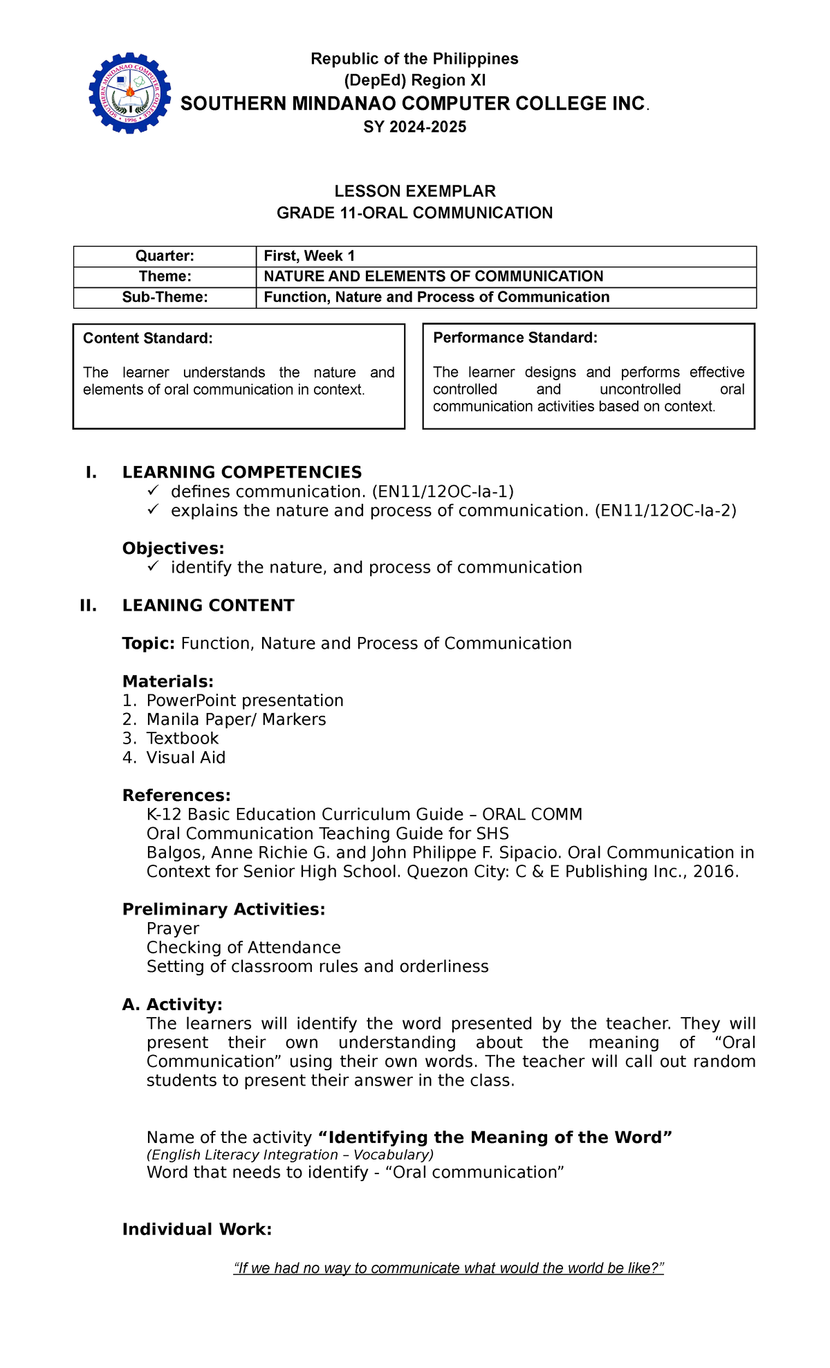 ORAL COMM- Lesson Exemplar-Q1W1 - Republic of the Philippines (DepEd ...