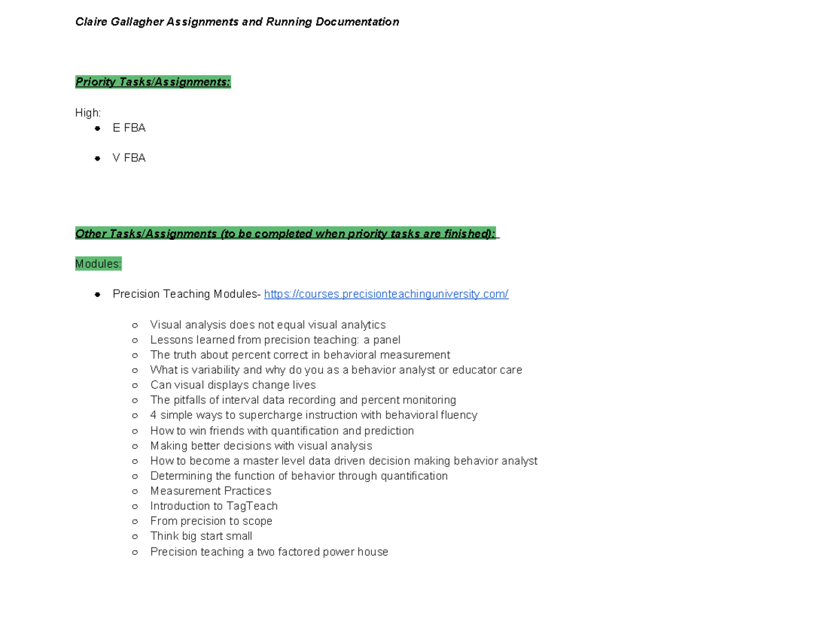 Assignments, Running Documentation, and Professional Development ...