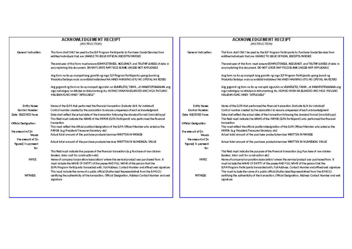 Acknowledgment Receipt - ACKNOWLEDGEMENT RECEIPT (INSTRUCTION) General ...