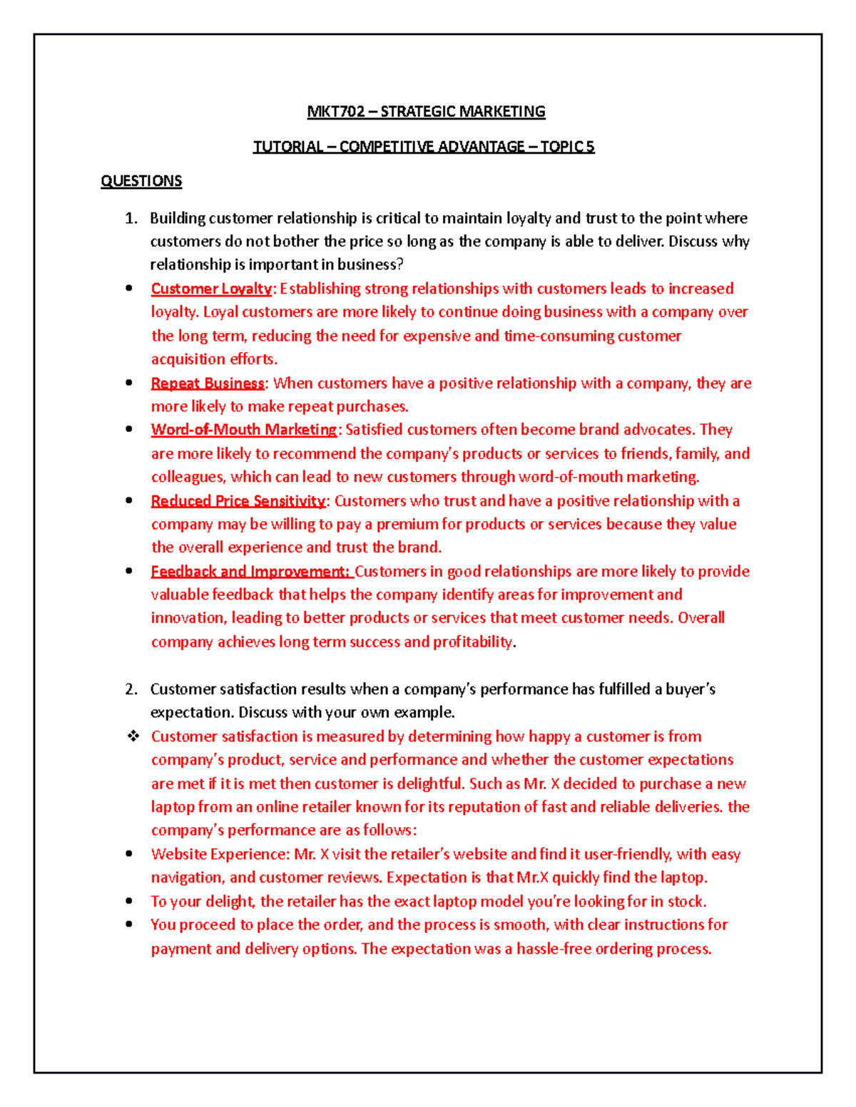 Tutorial 5 - MKT702 – STRATEGIC MARKETING TUTORIAL – COMPETITIVE ...