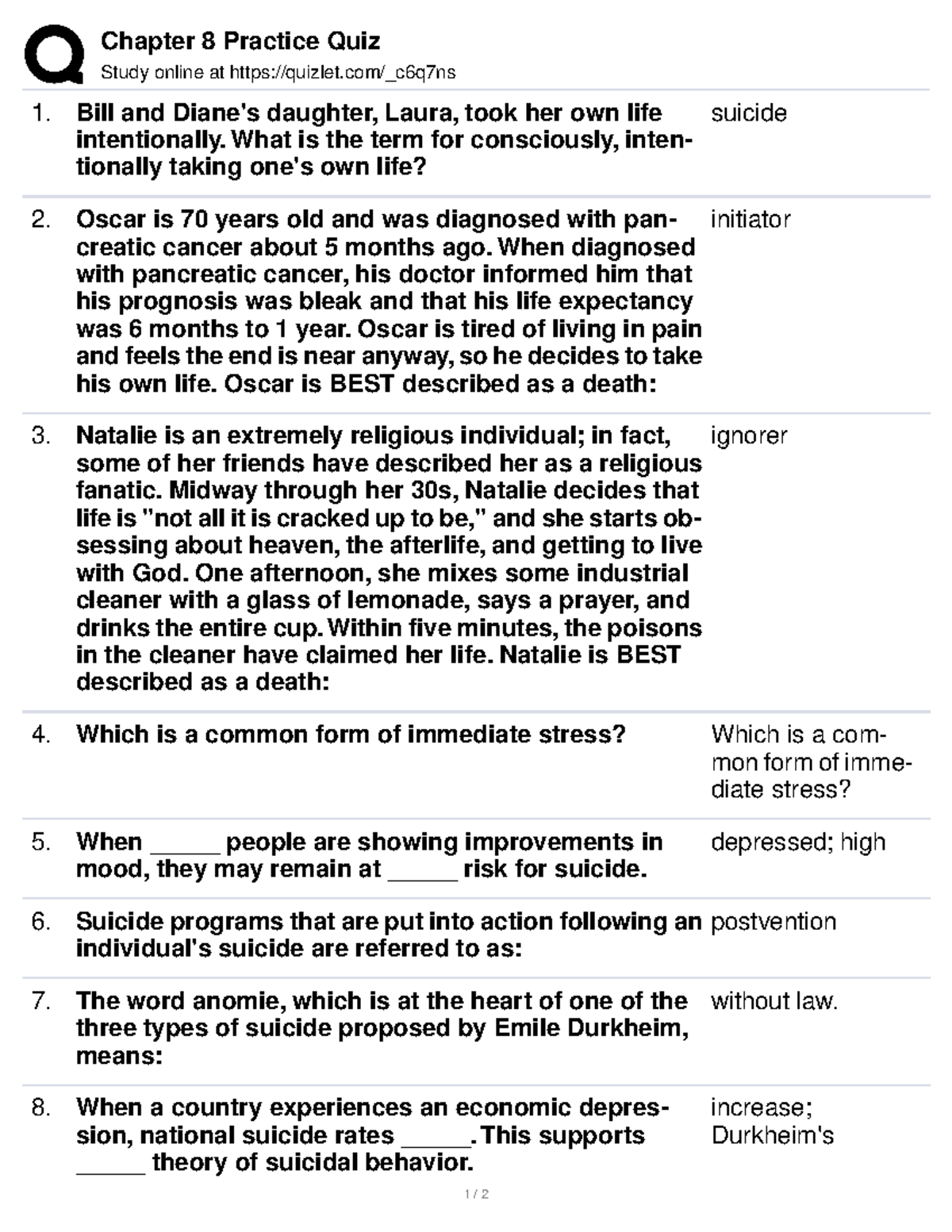 Chapter 8 Practice Quiz - Chapter 8 Practice Quiz Study online at ...