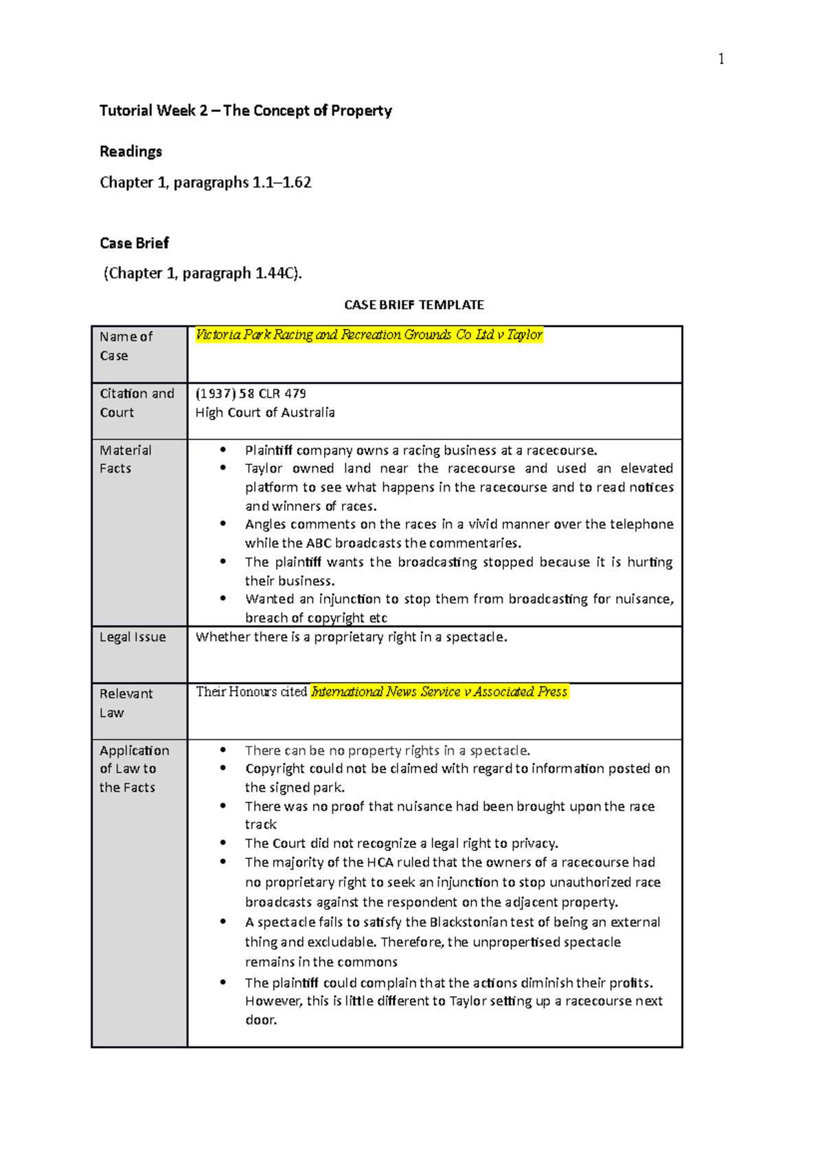 Property Law Tutorial Questions - Tutorial Week 2 – The Concept of Property Readings Chapter 1 ...