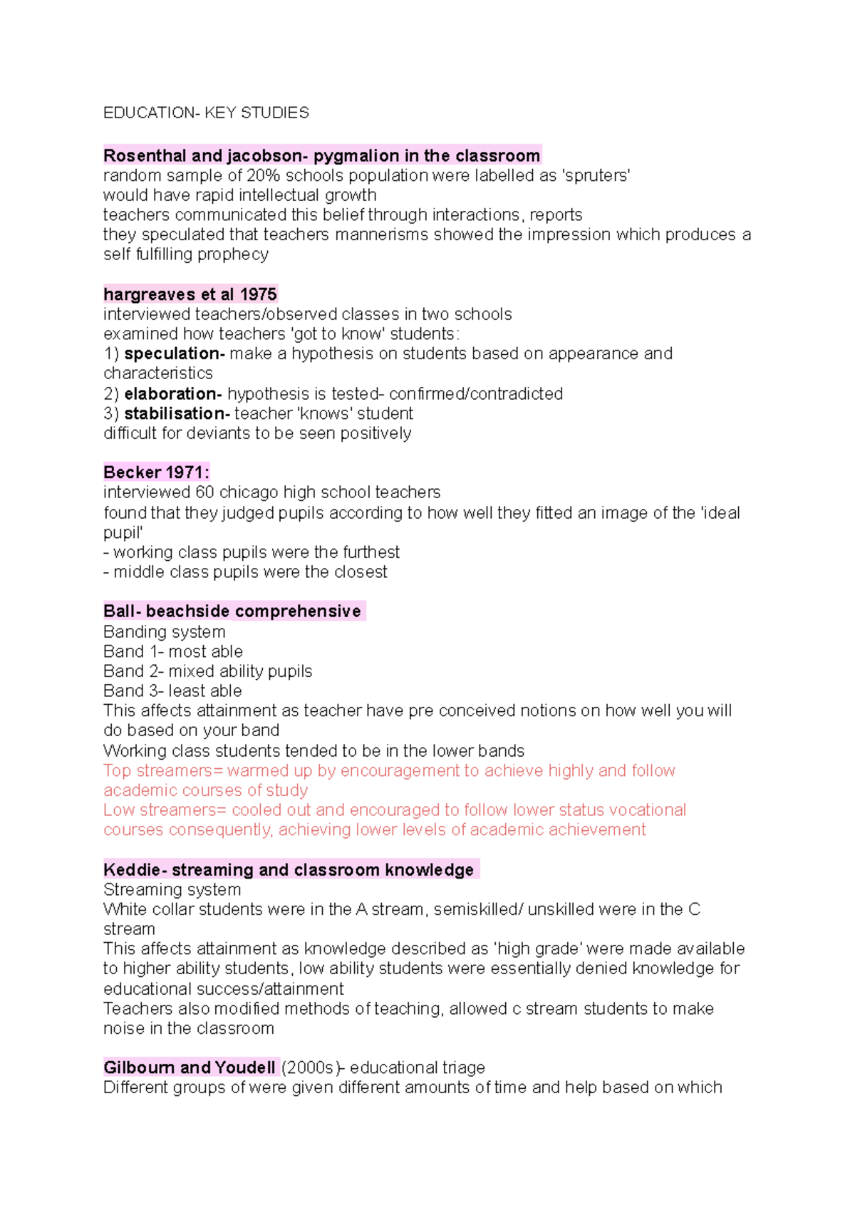 Education- KEY Studies - EDUCATION- KEY STUDIES Rosenthal and jacobson ...