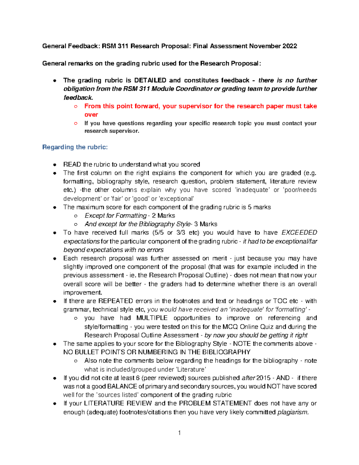 General Feedback RSM 311 Research Proposal Final Assessment - From this point forward, your ...
