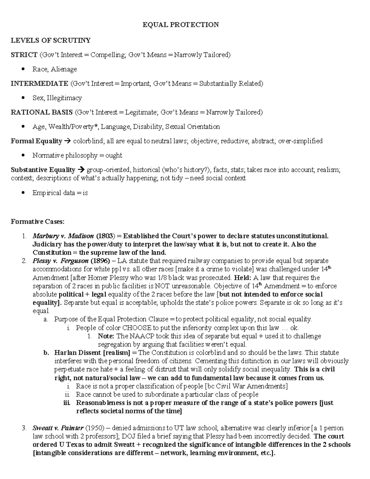 Con Law Spring 2020 - EQUAL PROTECTION LEVELS OF SCRUTINY STRICT (Gov’t ...