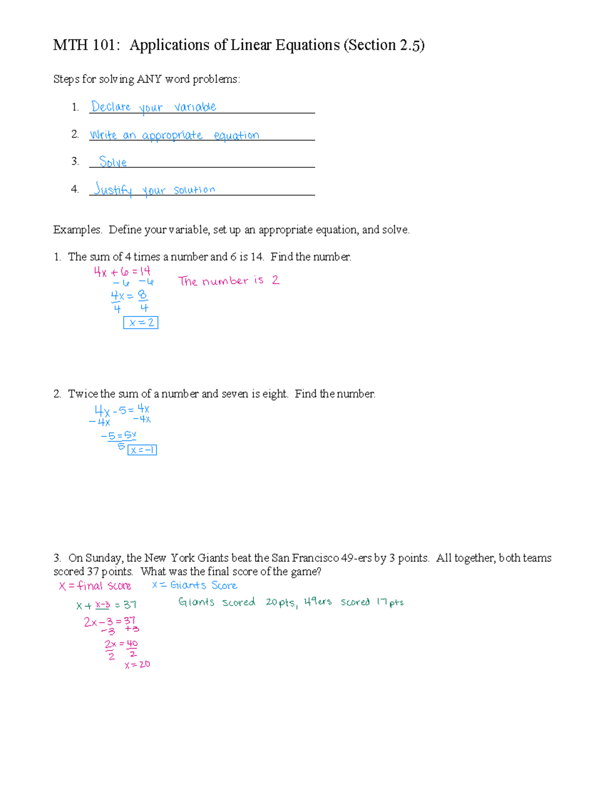 Intermediate Algebra - Applications of Linear Equations - MTH 101: Applications of Linear ...