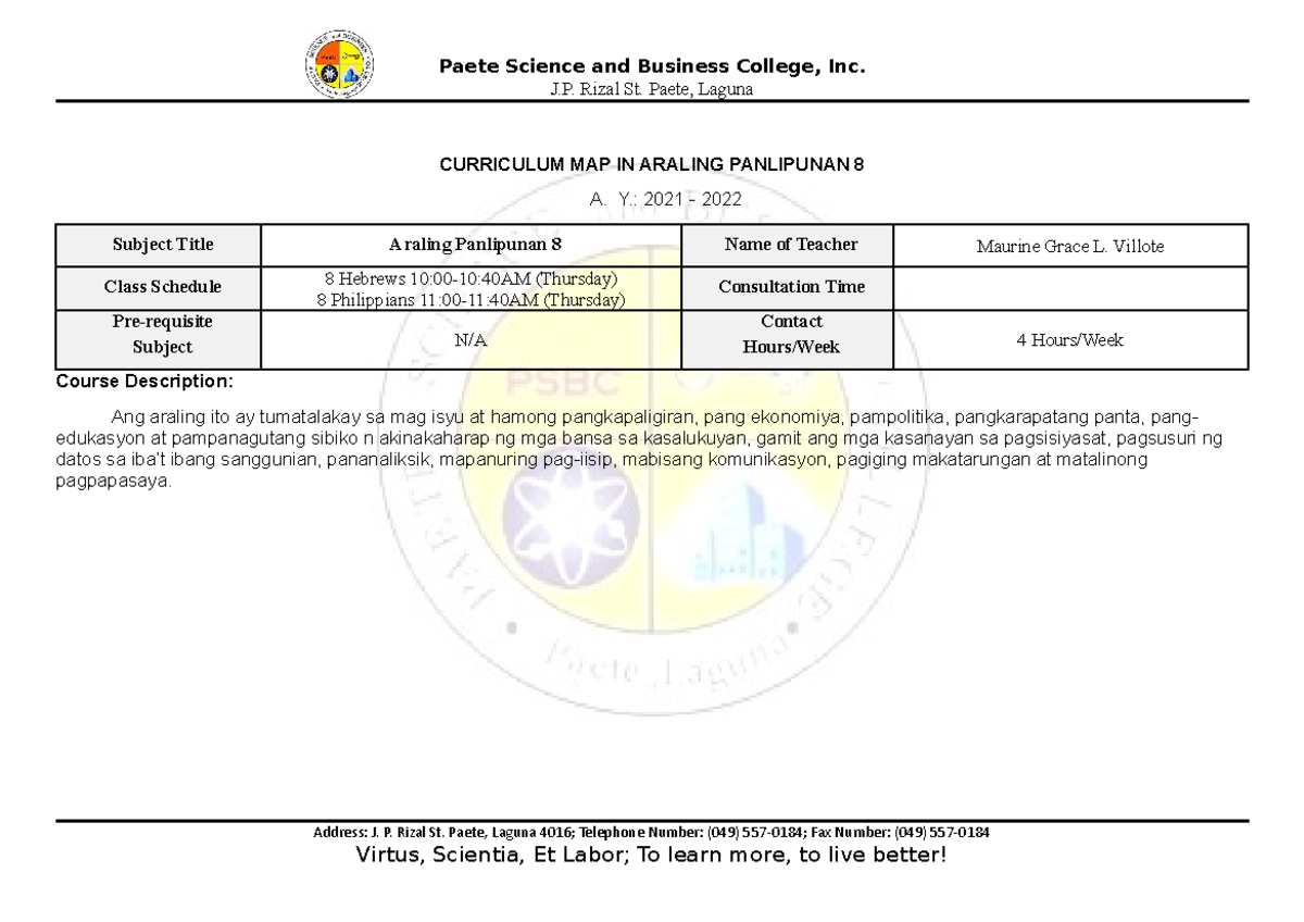 Curriculum-MAP-AP 8 - Thanks - J. Rizal St. Paete, Laguna CURRICULUM ...