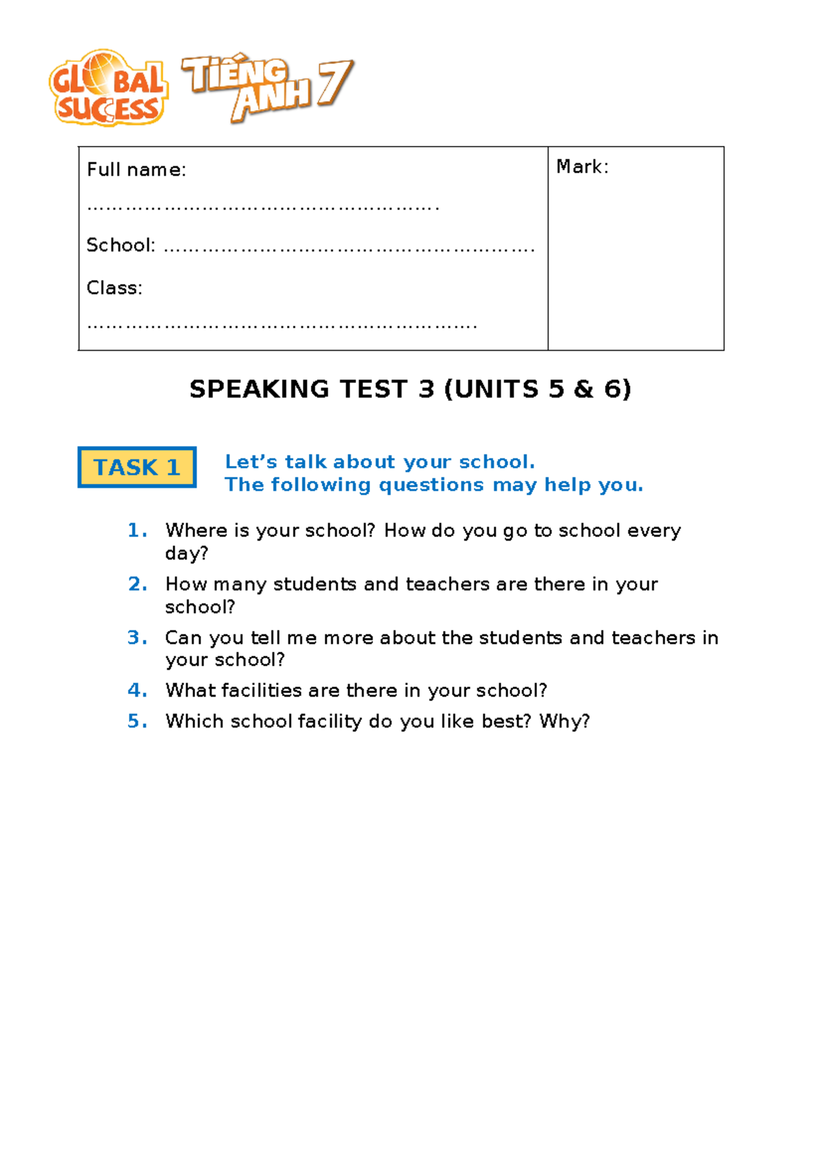 Speaking TEST 3 ( Units 5 6) - Full name